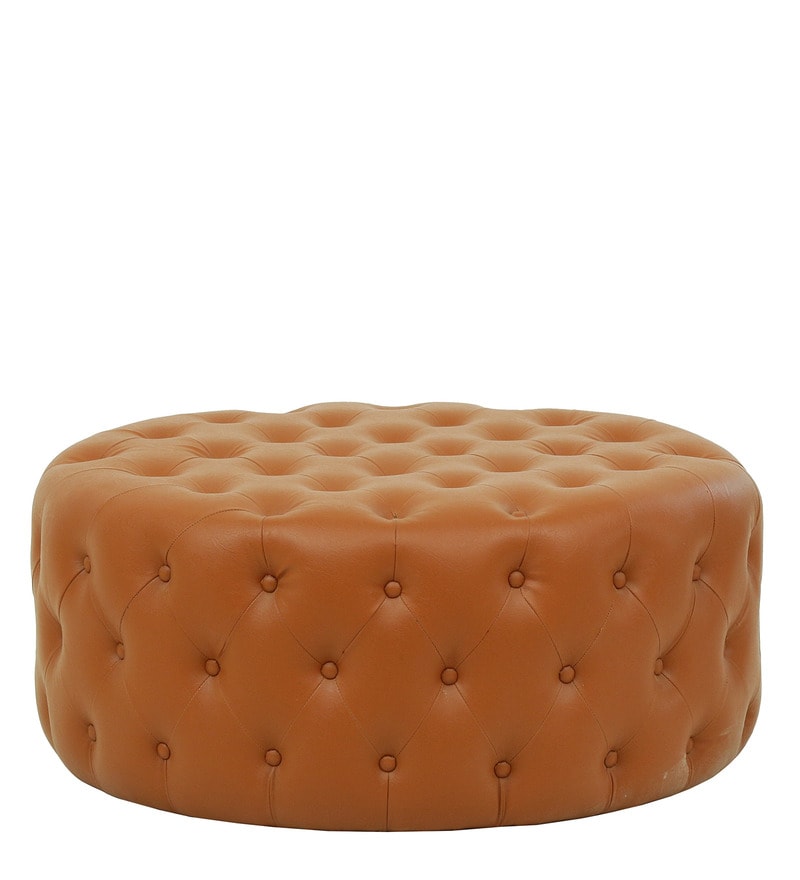 Buy Miceli Leather Pouffe In Brown Finish By Amberville Online - Solid ...