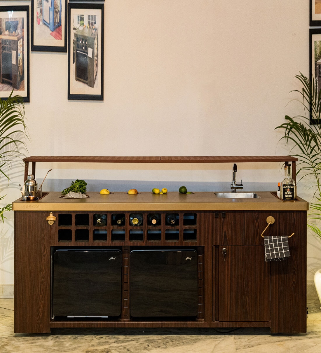 Buy All-In-One Metal Bar Cabinet in Natural & Matt Gold Finish With 60L ...