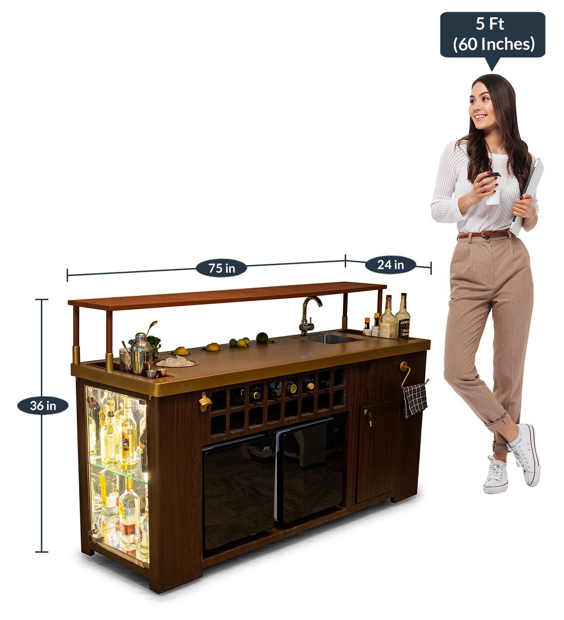Buy All-In-One Metal Bar Cabinet in Natural & Matt Gold Finish With 60L Godrej Cube Fridge ...