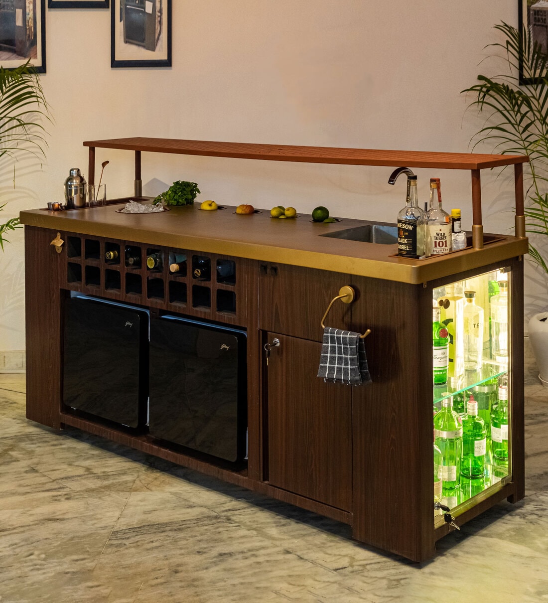 Buy All-In-One Metal Bar Cabinet in Natural & Matt Gold Finish With 60L Godrej Cube Fridge ...