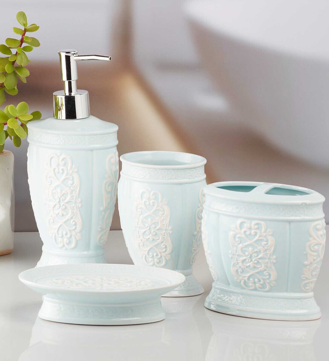 Buy Modern Blue Ceramic (Set of 4) Bath Set at 100% OFF by Kookee ...