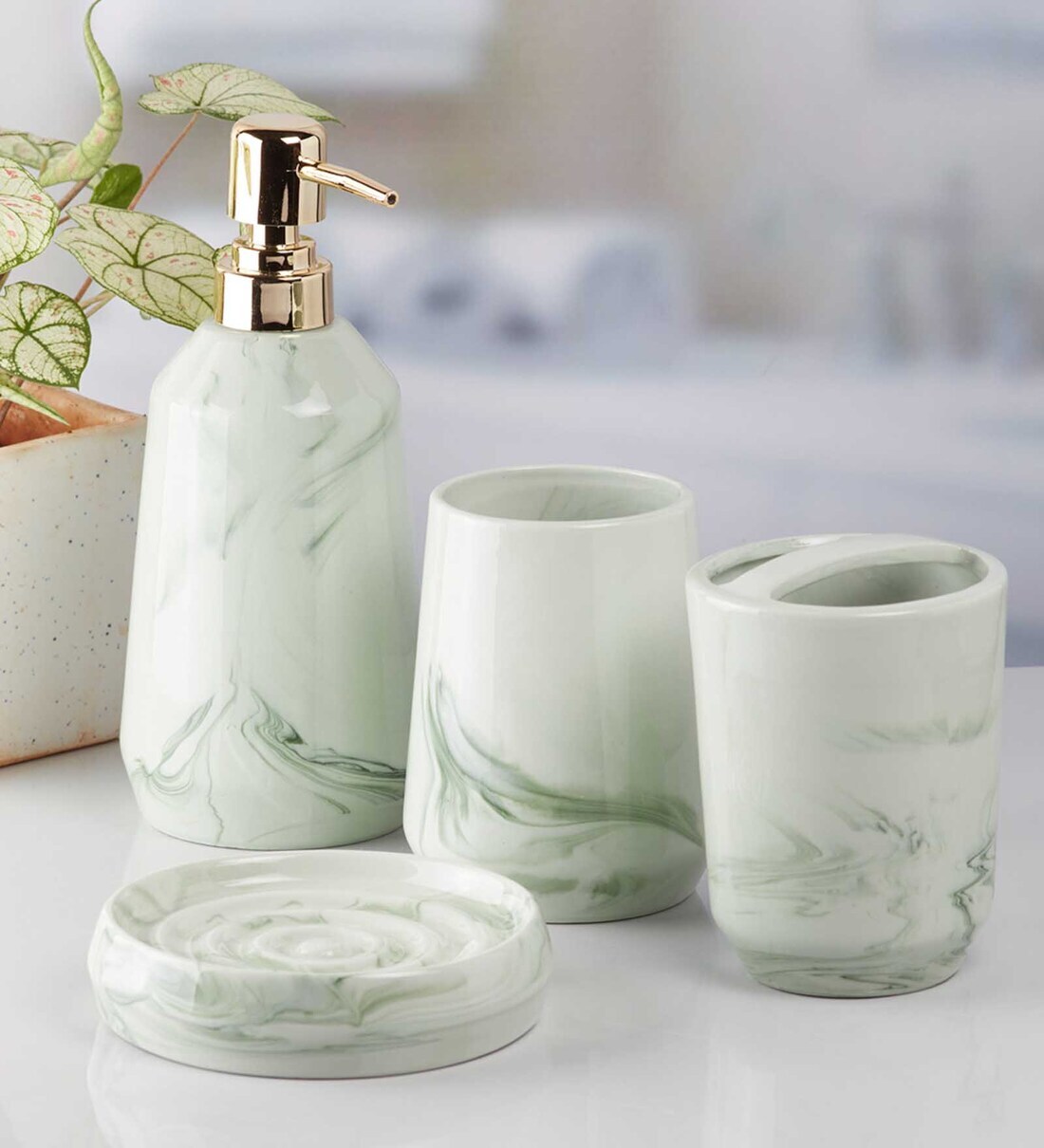 Buy Modern Green Ceramic (Set of 4) Bath Set at 25% OFF by Kookee ...