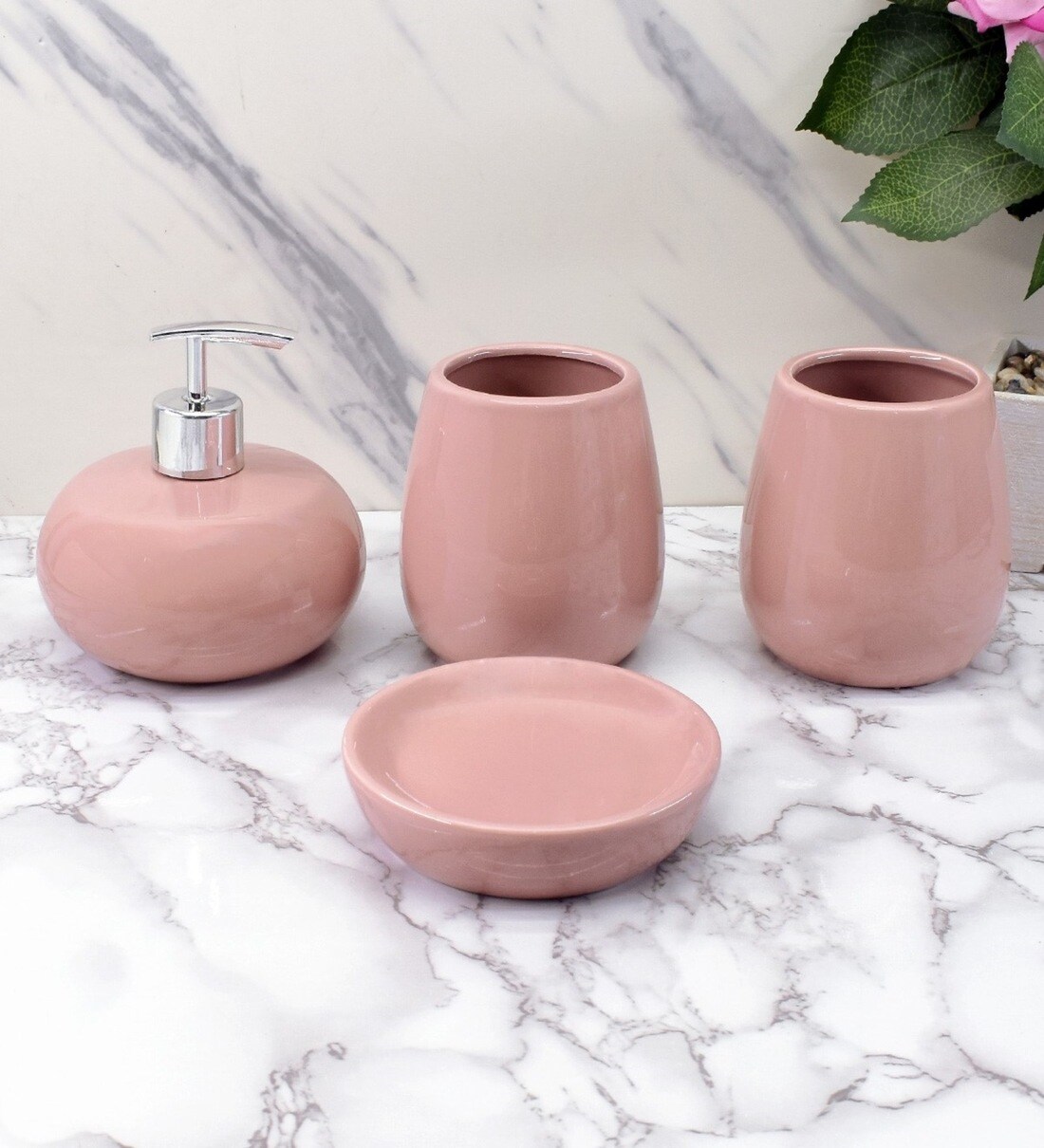 Buy Modern Peach Ceramic Set of 4 Bath Accessories Set by Kookee at 20% ...