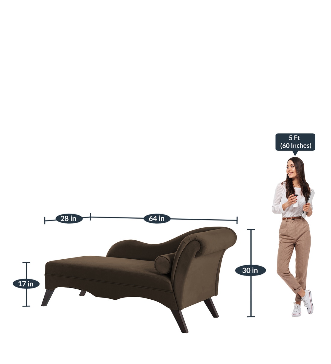 Buy Modern Scroll RHS Velvet Chaise Lounger in Brown Colour by Dreamzz ...