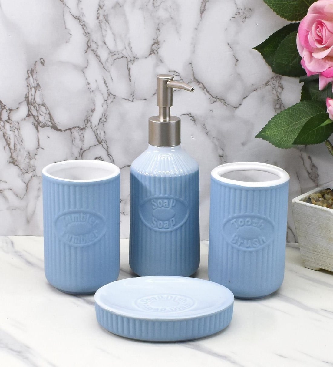Buy Modern Sky Blue Ceramic Set of 4 Bath Accessories Set by Kookee at 20% OFF by Kookee | Pepperfry