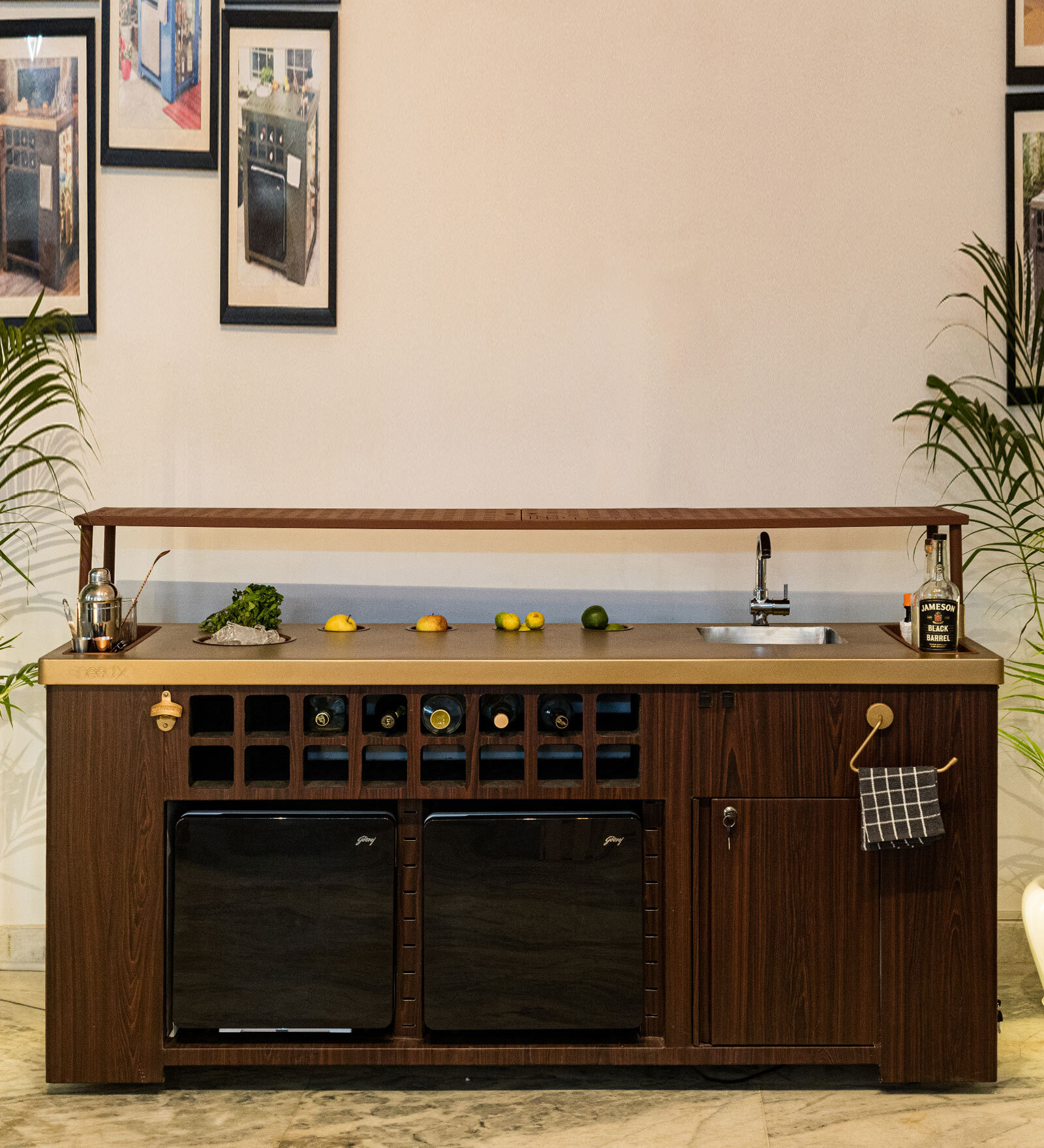 Buy All-In-One Metal Bar Cabinet in Natural & Matt Gold Finish With 60L Godrej Cube Fridge ...