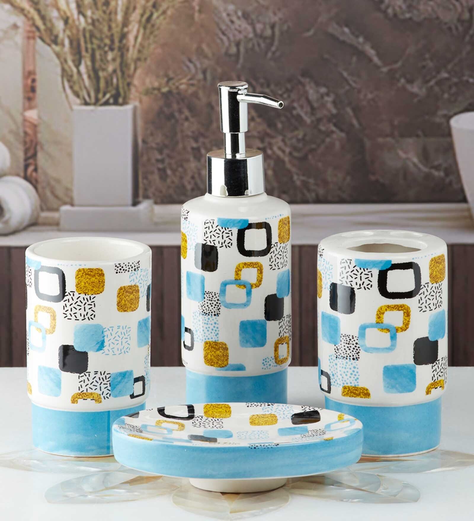 Buy Modern Blue Ceramic (Set of 4) Bath Set at 25% OFF by Kookee ...