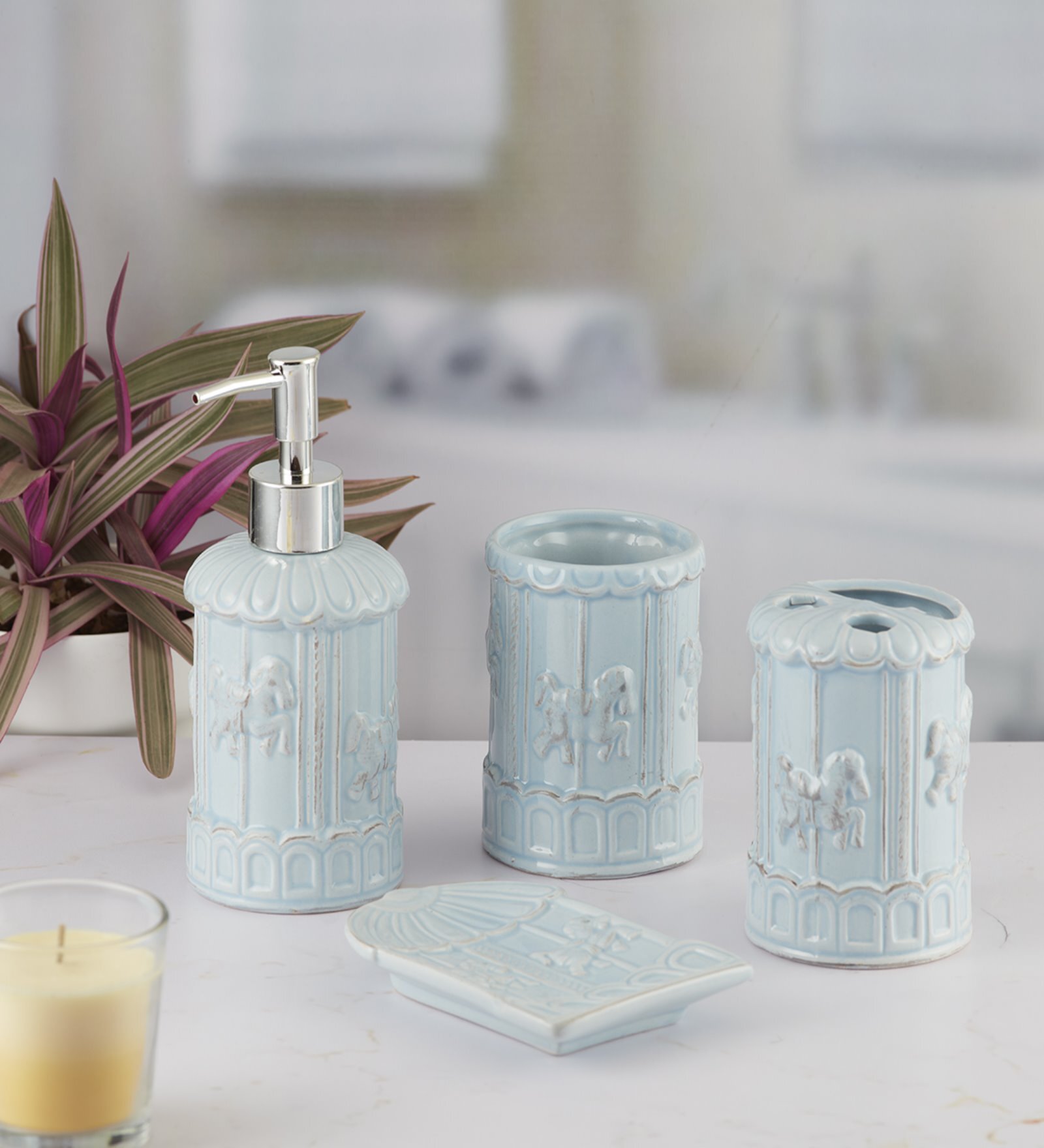 Buy Modern Blue Ceramic Set of 4 Bath Accessories Set by Kookee at 20% ...