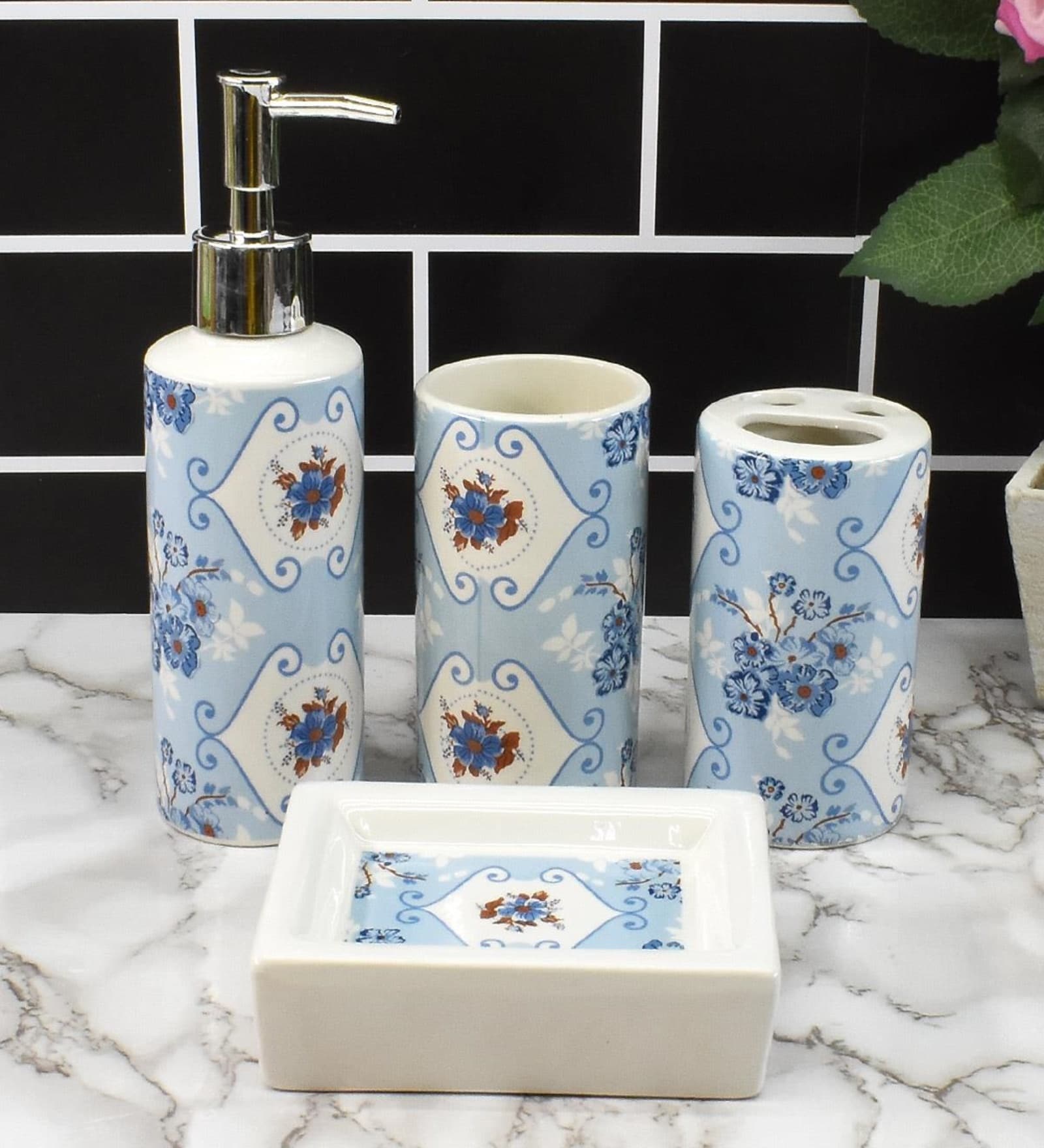 Buy Modern Multicolour Ceramic Set of 4 Bath Accessories Set by Kookee ...