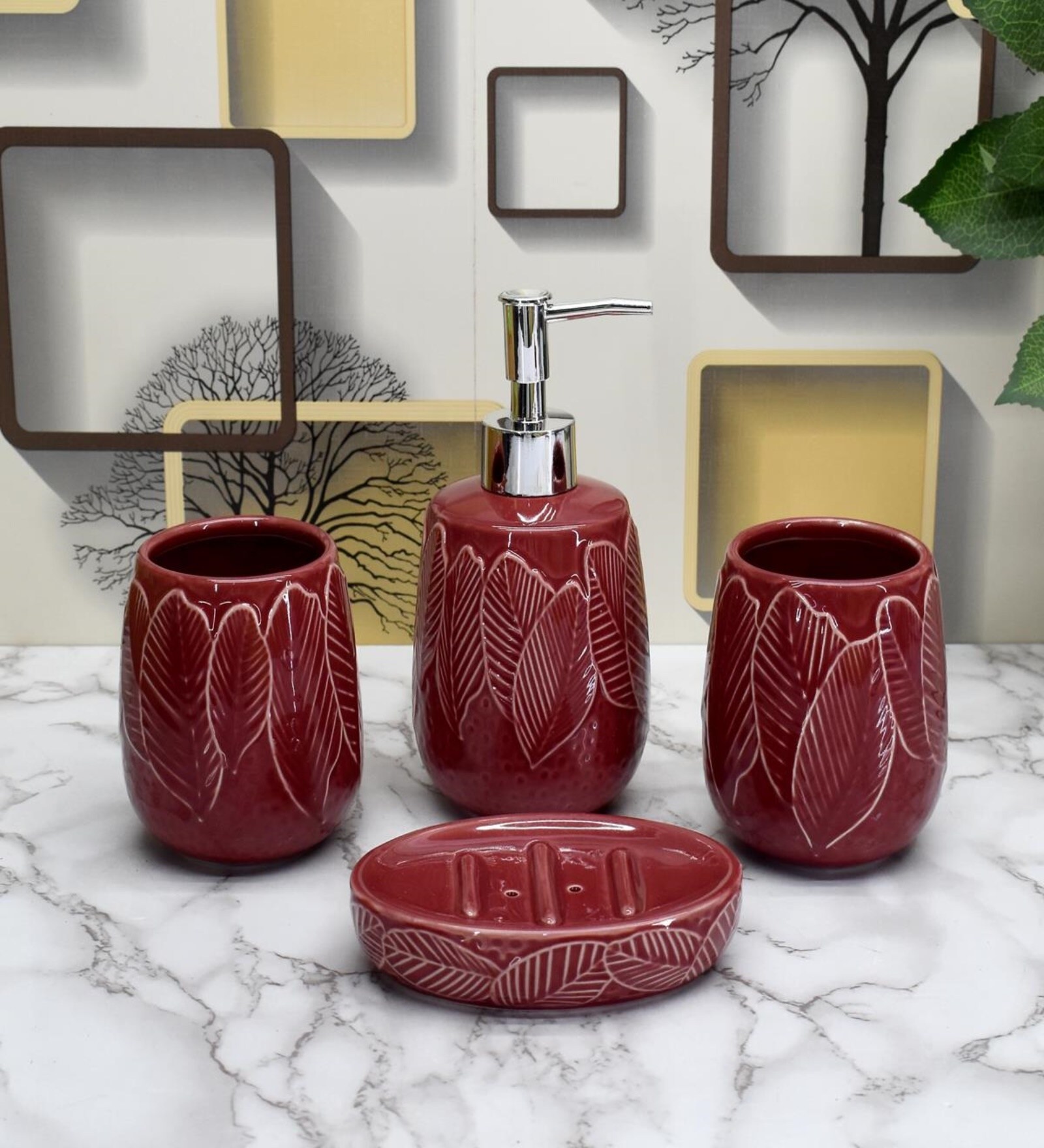 Buy Modern RED Ceramic Set of 4 Bath Accessories Set by Kookee at 20% OFF by Kookee | Pepperfry