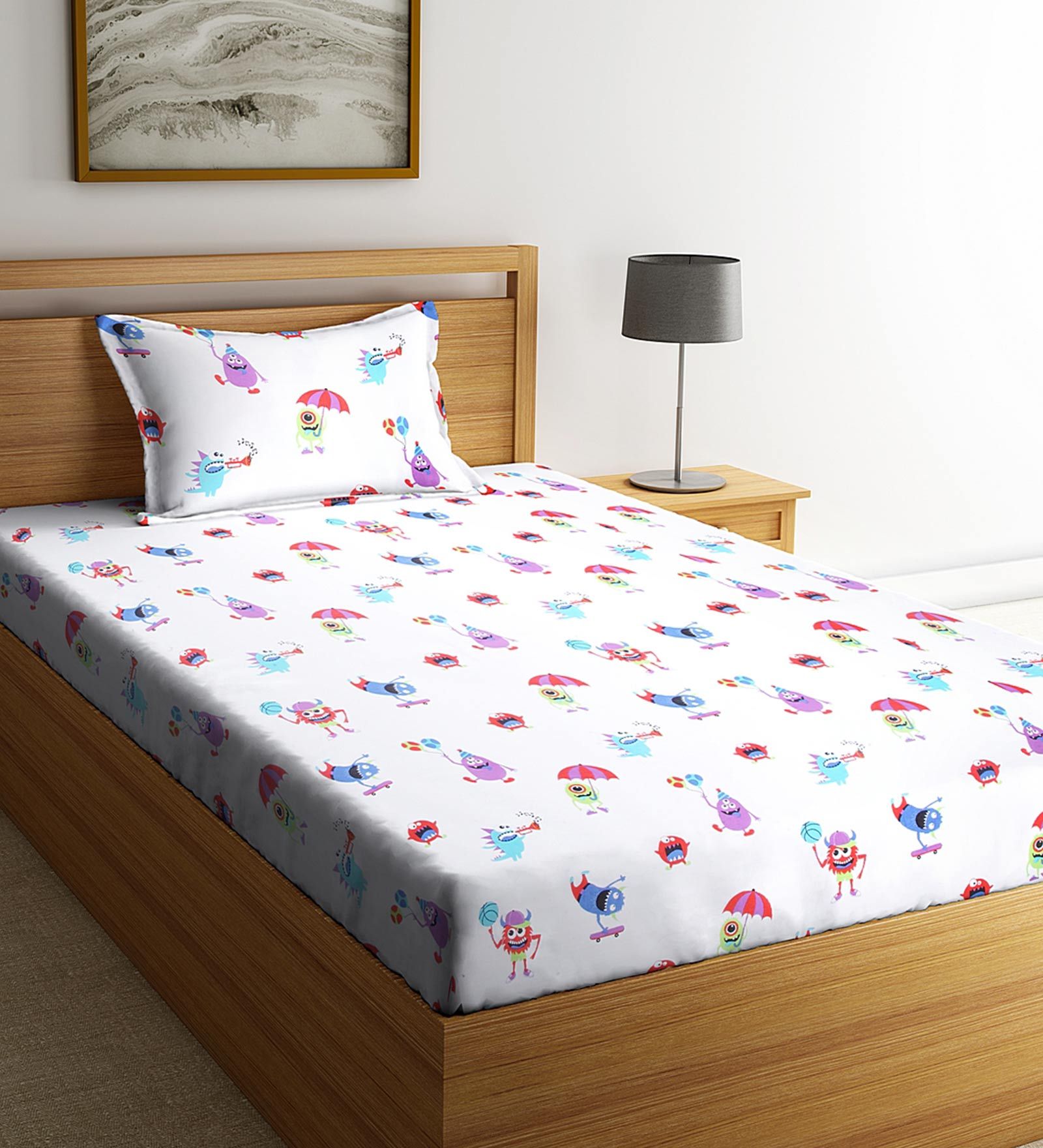 Buy Monster Party Print Single Bedsheet with 1 Pillow Cover in White ...