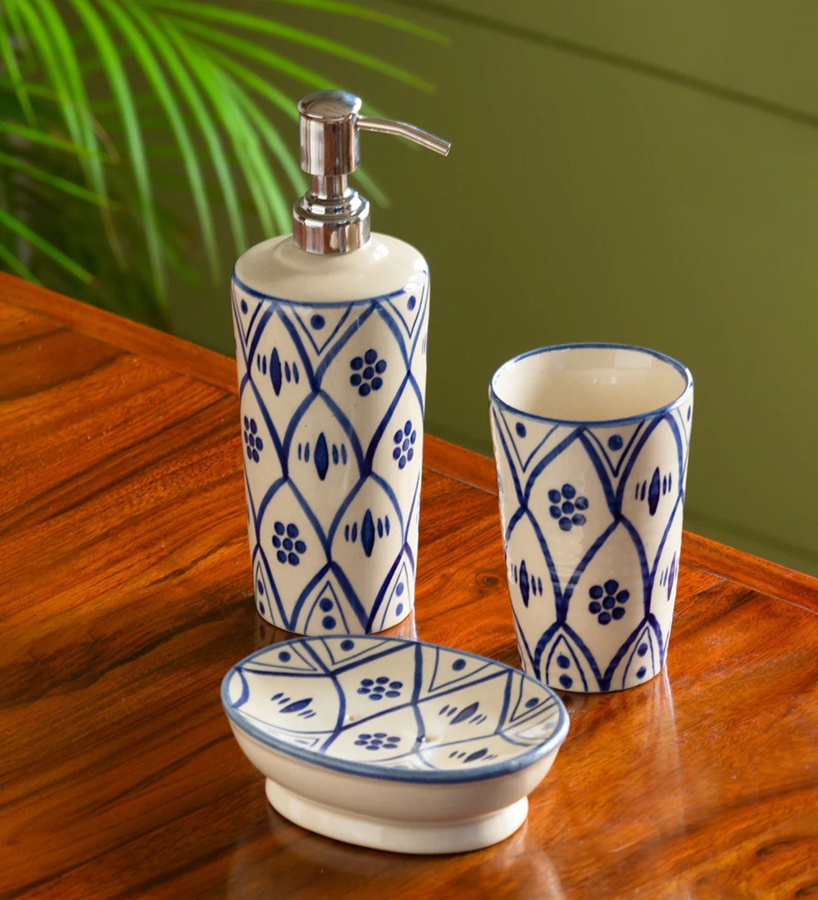 Buy Moroccan Floral White & Blue Ceramic (Set of 3) Bath Set by ExclusiveLane at 35% OFF by ...