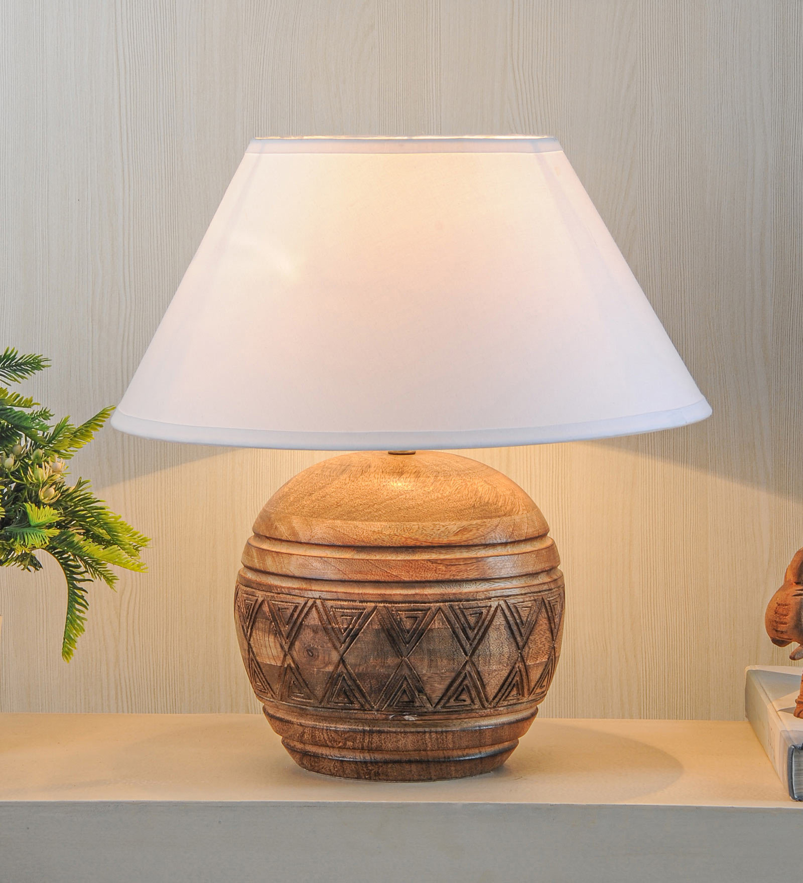 Buy Rhombus White Cotton Shade Night Lamp With Wood Base By Kapoor ...