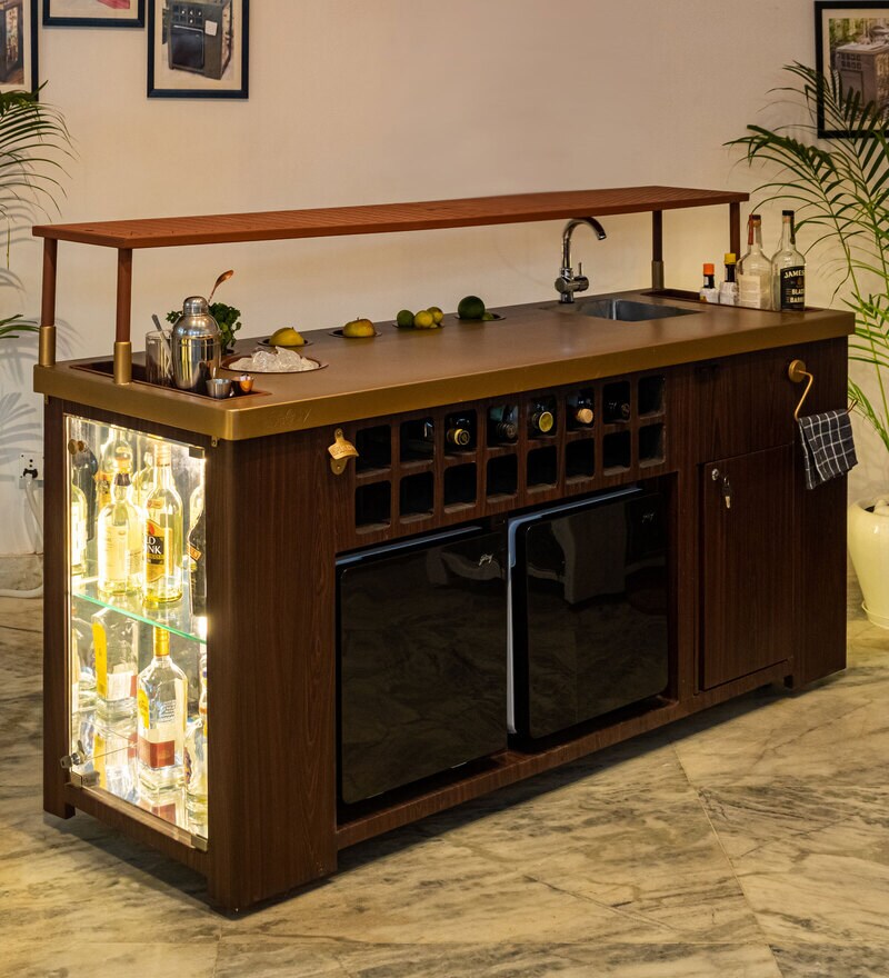 Buy All-In-One Metal Bar Cabinet in Natural & Matt Gold Finish With 60L ...