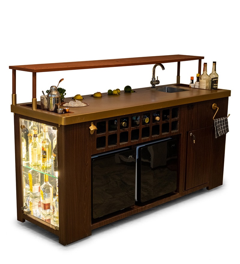 Buy All-In-One Metal Bar Cabinet in Natural & Matt Gold Finish With 60L Godrej Cube Fridge ...