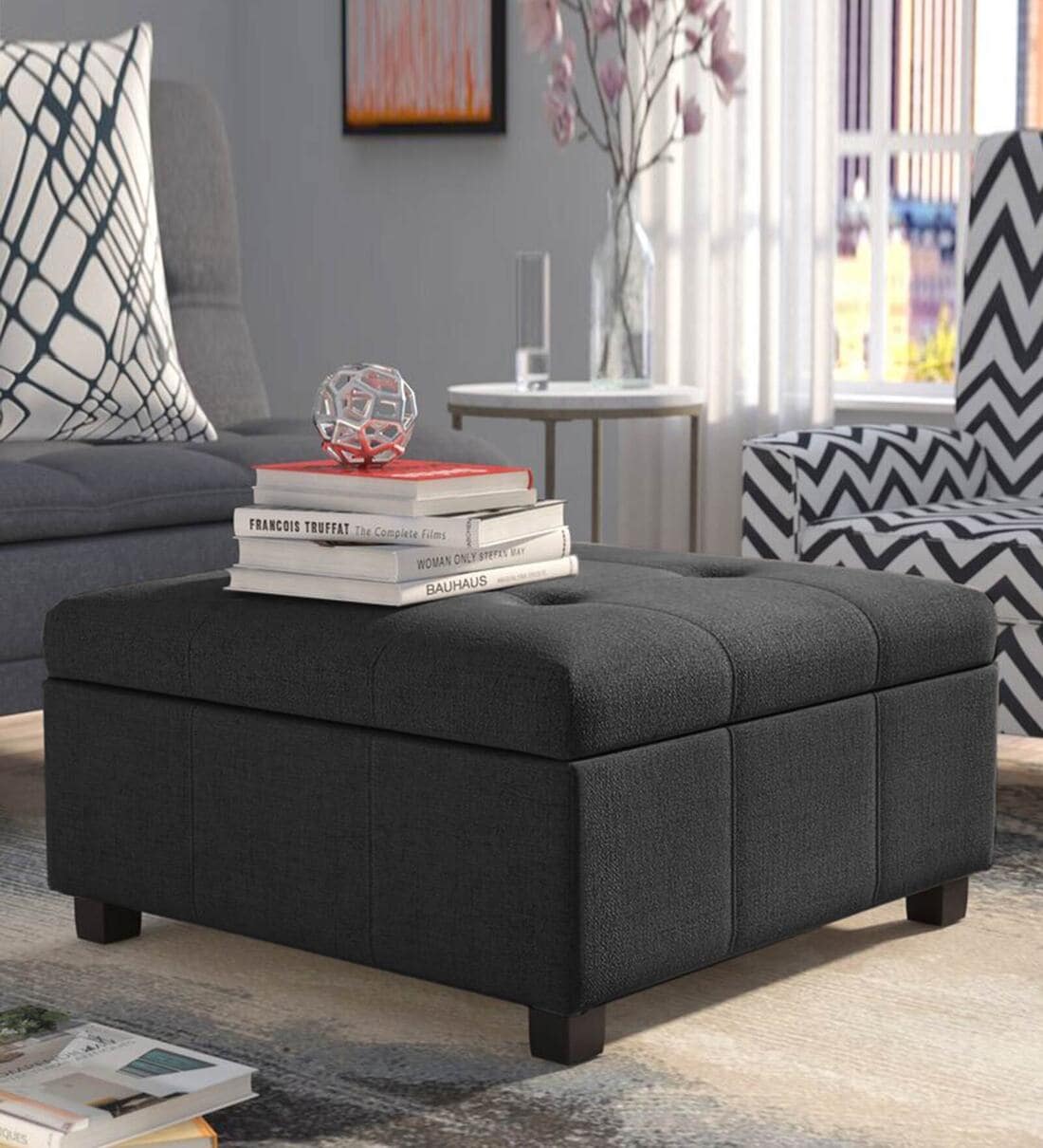 Buy Mubila Fabric Ottoman in Charcoal Grey Colour With Storage by ...