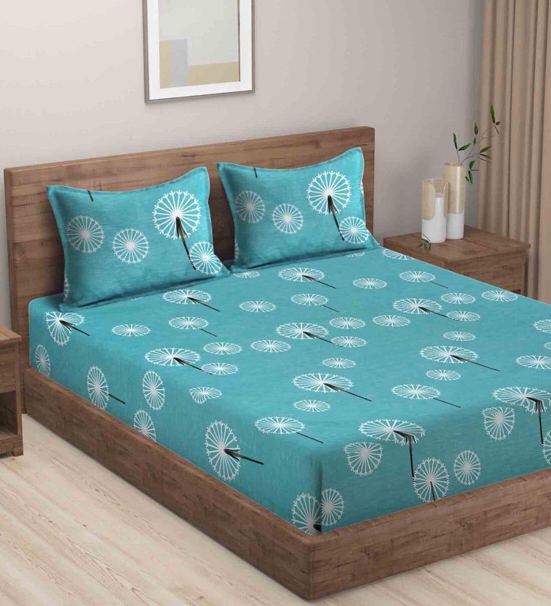 Buy Blue Abstract 280 Tc Cotton Blend King Sized Fitted Bed Sheets With
