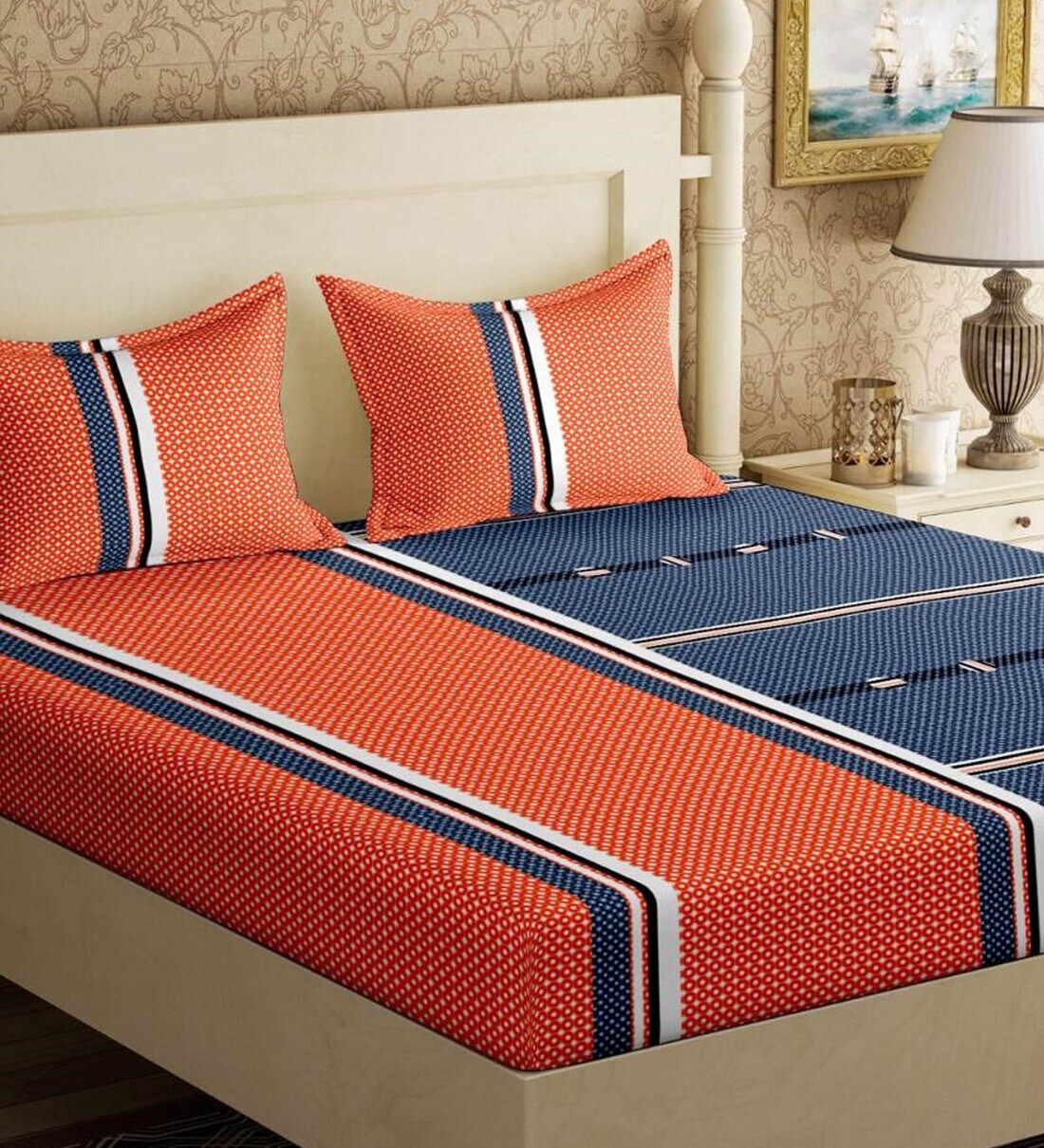 Buy Multicolor Striped 250 TC Cotton Queen Sized Bed Sheets with 2 ...