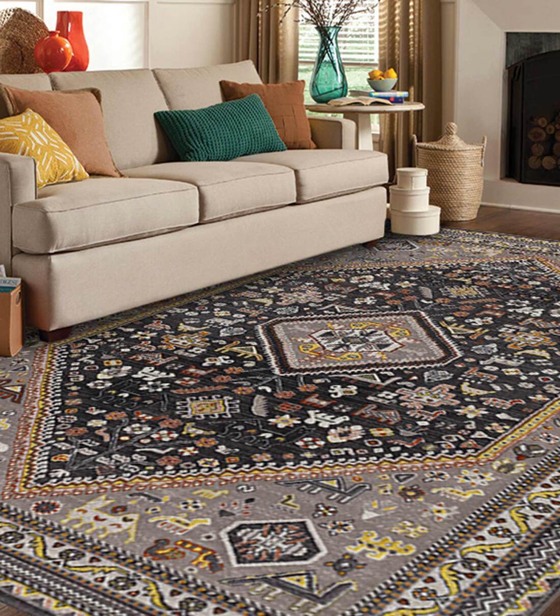 Buy Multicolor Polypropylene Traditional 5 x 7 Feet Machine Made Carpet ...