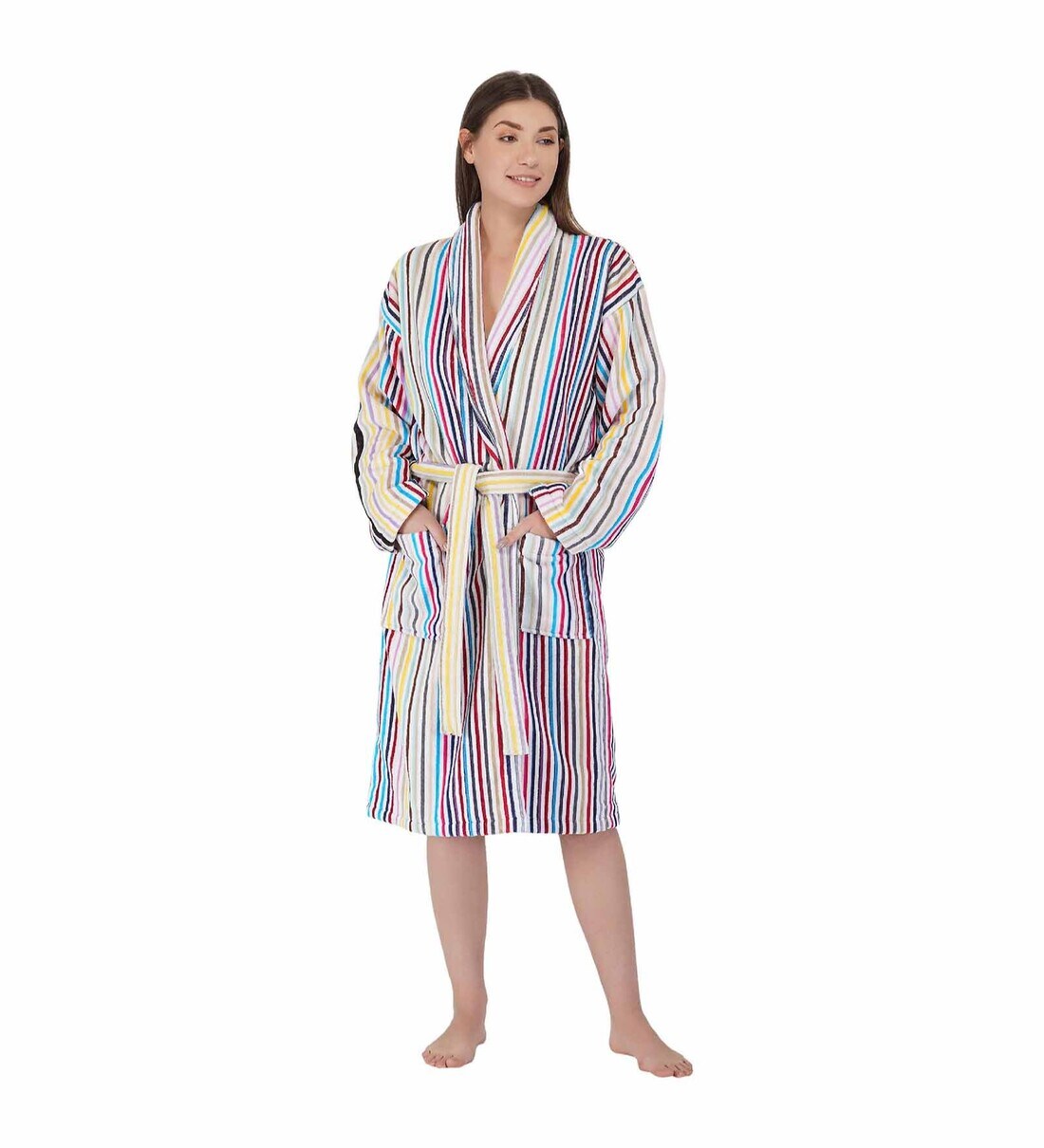 Buy Multicolor Striped 100% Cotton Women Bathrobe With Slippers (L) By ...