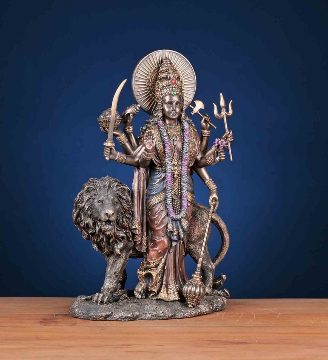 Buy Multicolour Bonded Bronze Goddess Durga Standing Statue with Lion ...