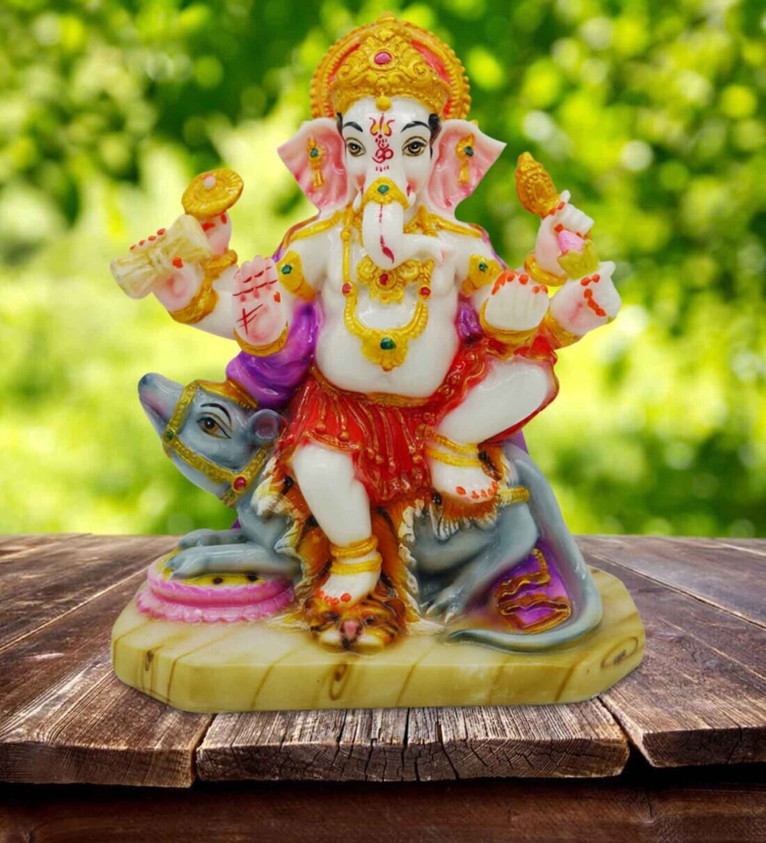 Buy Multicolour Marble Handpainted Lord Ganpati with Moshak Idol by ...