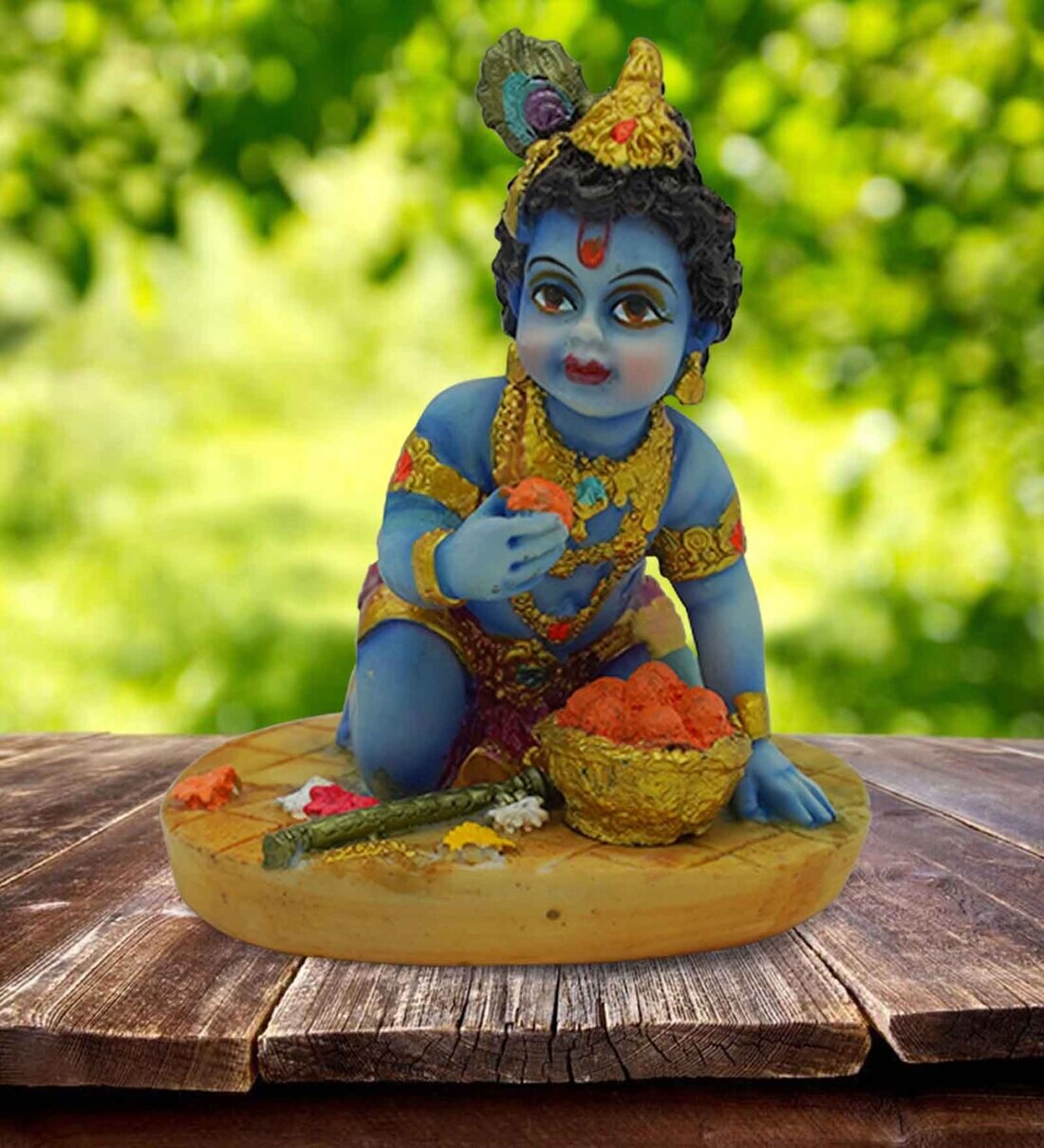 Buy Multicolour Marble Handpainted Lord Krishna Idol with Modak by ...