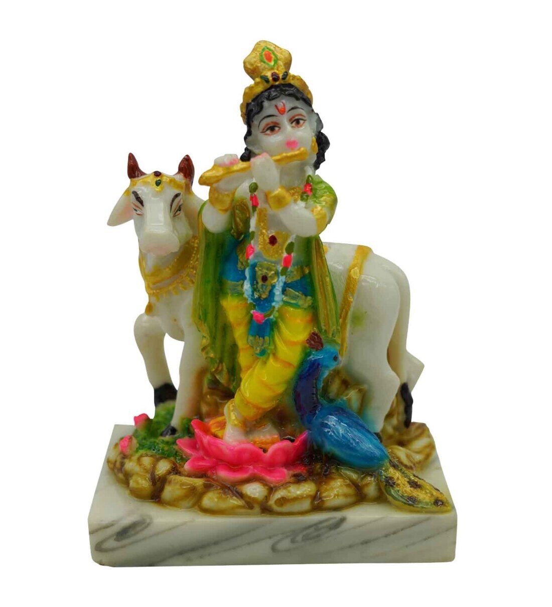Buy Multicolour Marble Handpainted Lord Krishna Idol with Nandi by ...