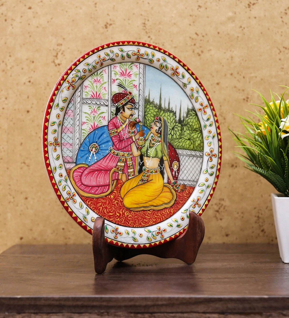 Buy Multicolour Marble Mughal Design Round Plate with Stand by ...
