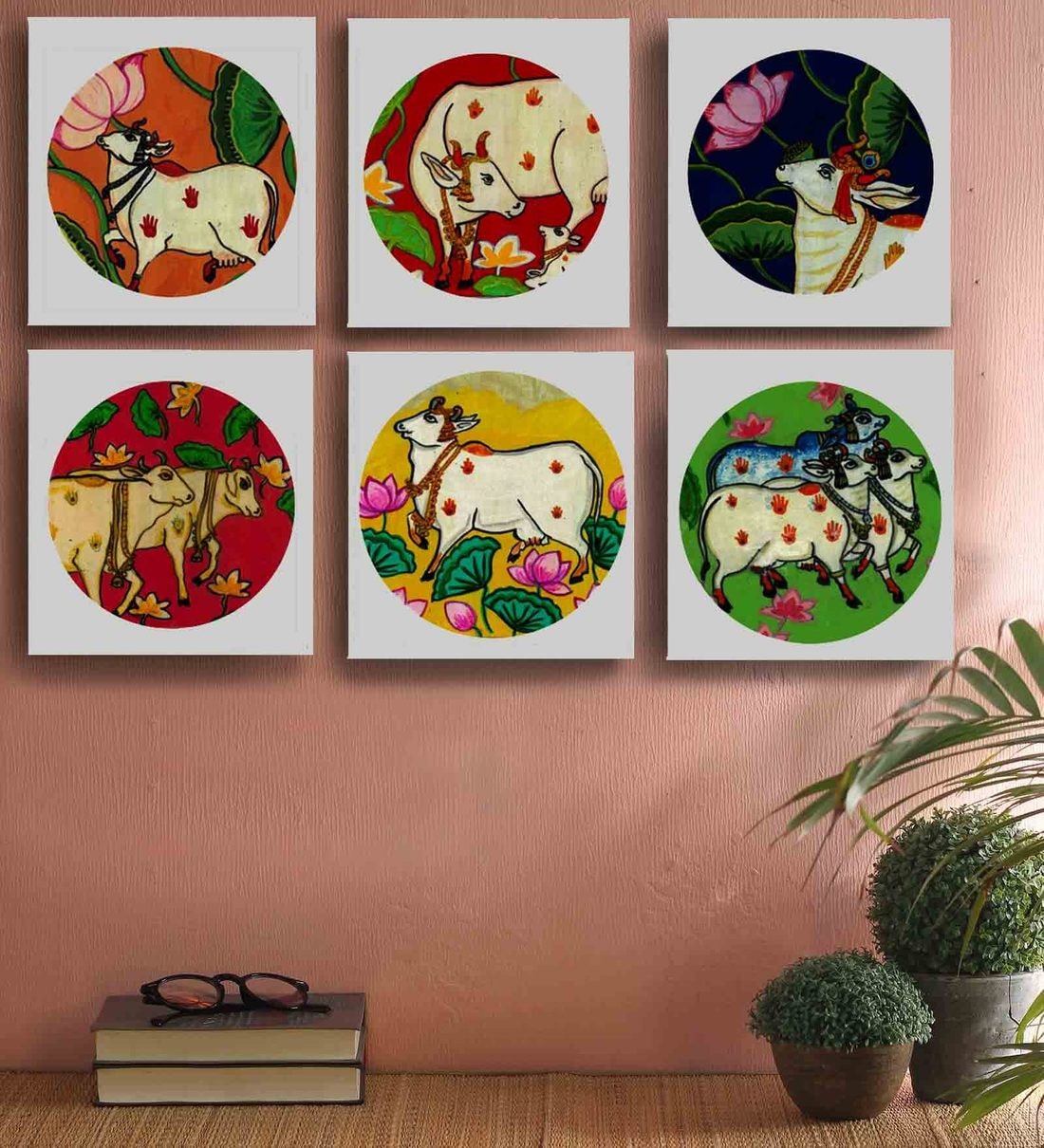 Buy Multicolour Pichwai Cows Framed Art Print On Canvas Set Of 6 by ...