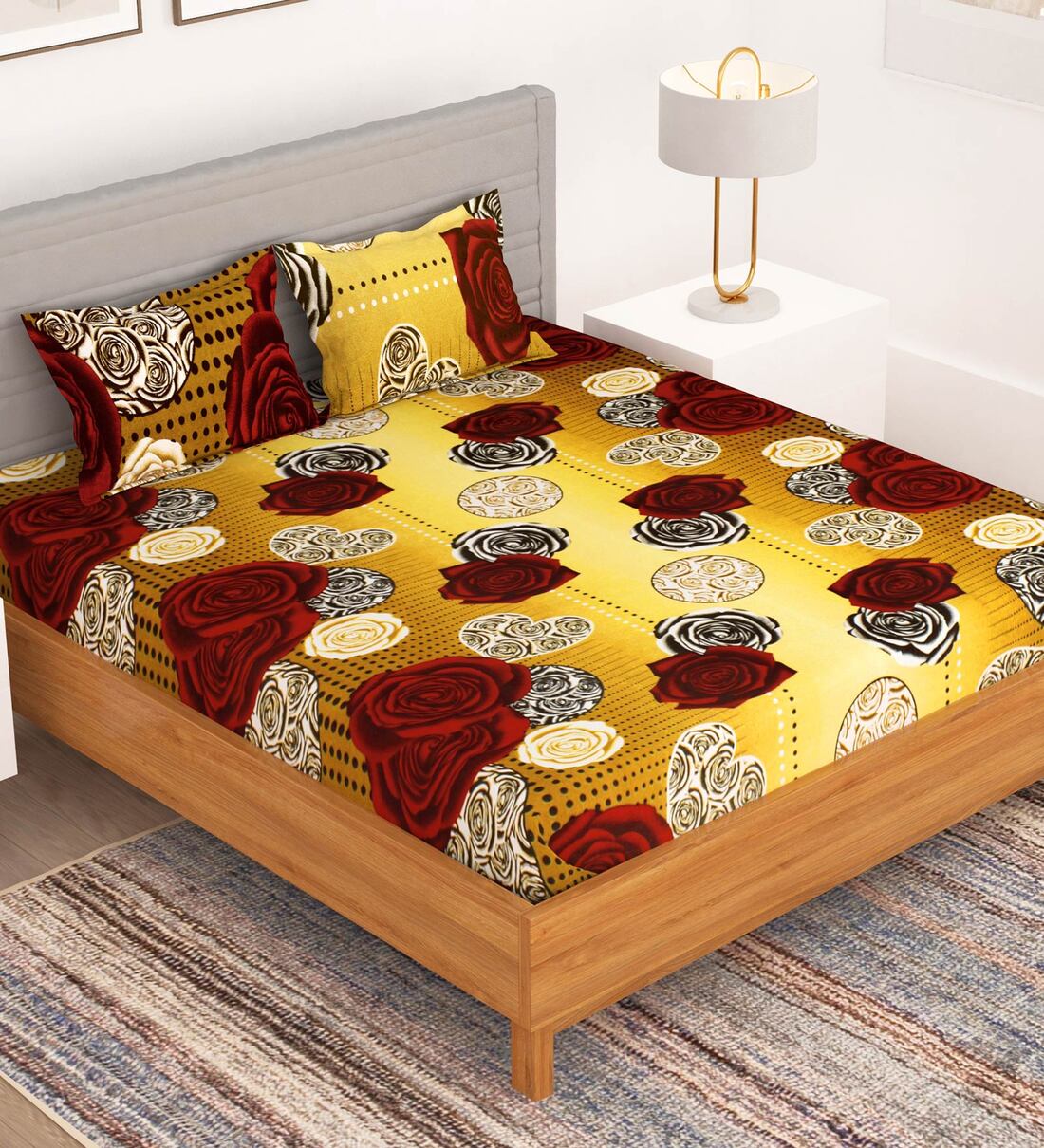Buy Mustard Floral 150 TC Mirofiber Bedsheet With 2 Pillow Covers at 65 ...