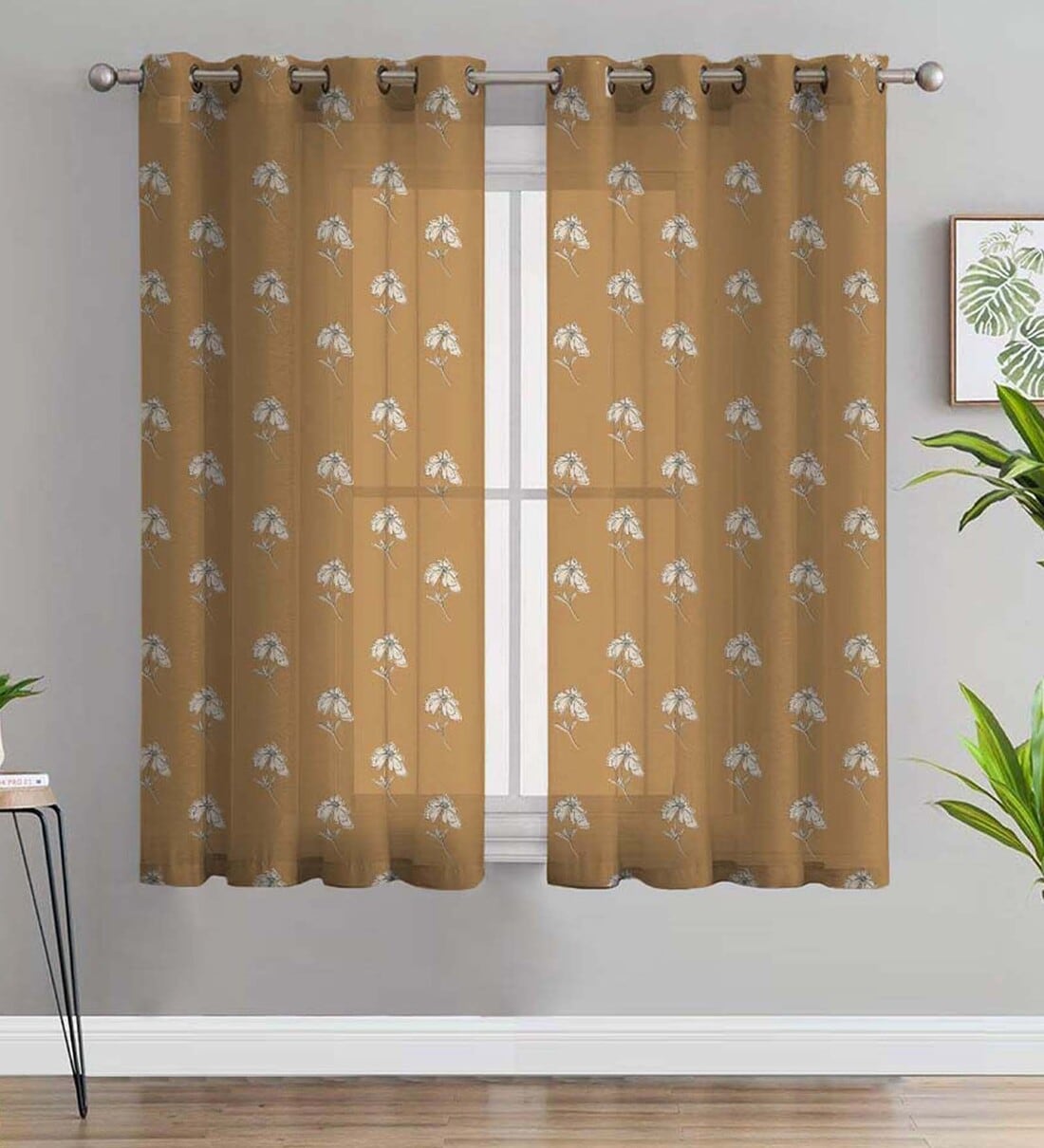 Buy Mustard Polyester Abstract 5Ft Sheer Eyelet Window Curtains (Pack ...