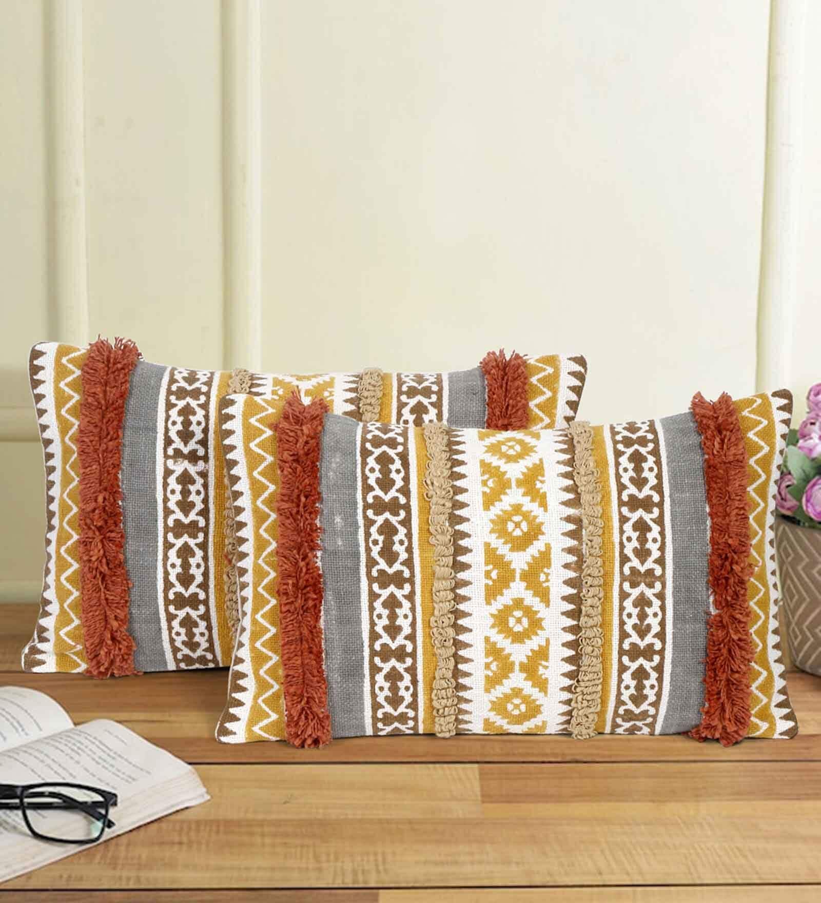 Buy Multi Cotton Tradiional 12x20 inches Cushion Covers (Pack of 2) at ...