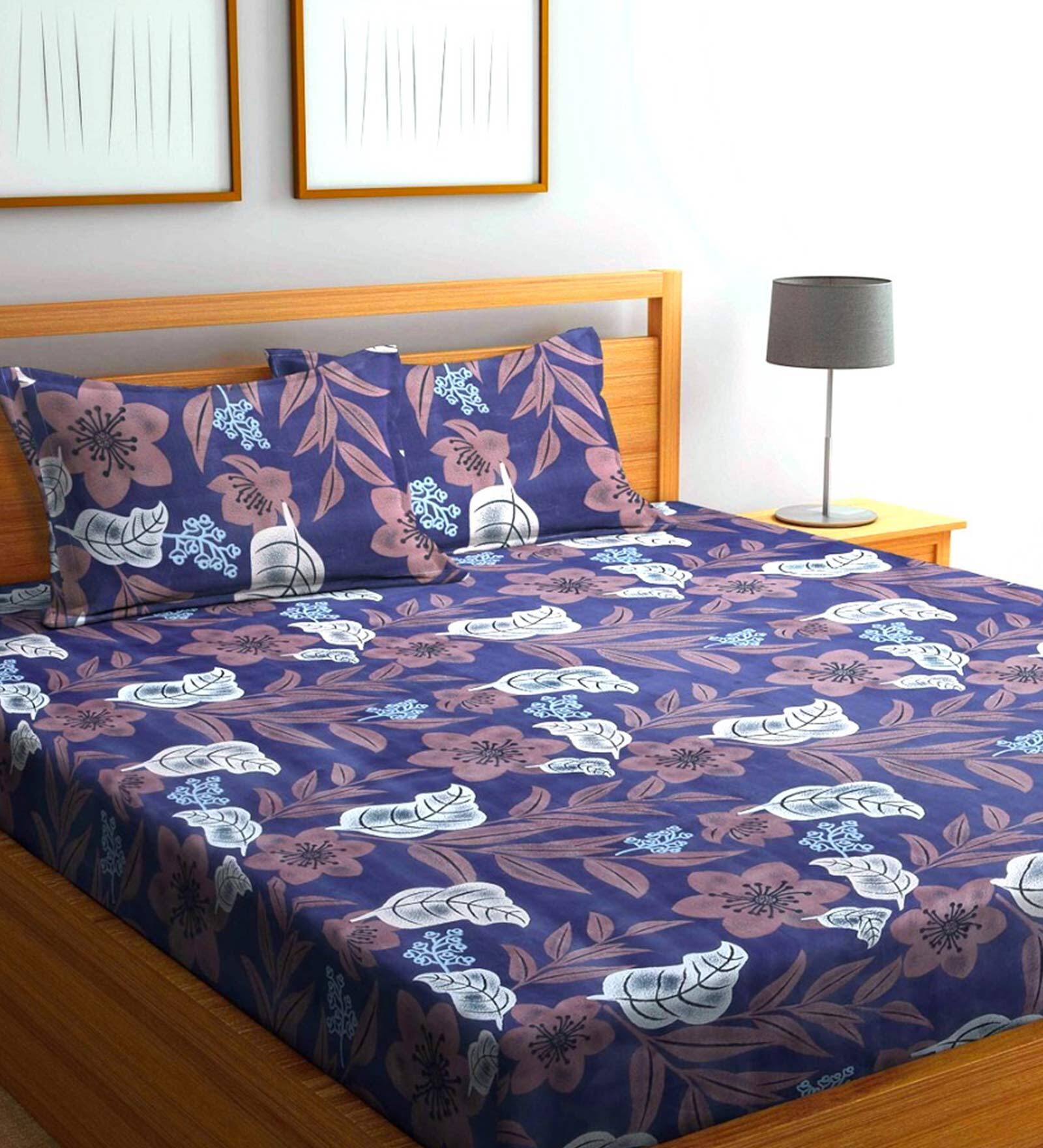 Buy Blue Floral 300 TC Cotton Blend Queen Sized Fitted Bed Sheets with ...