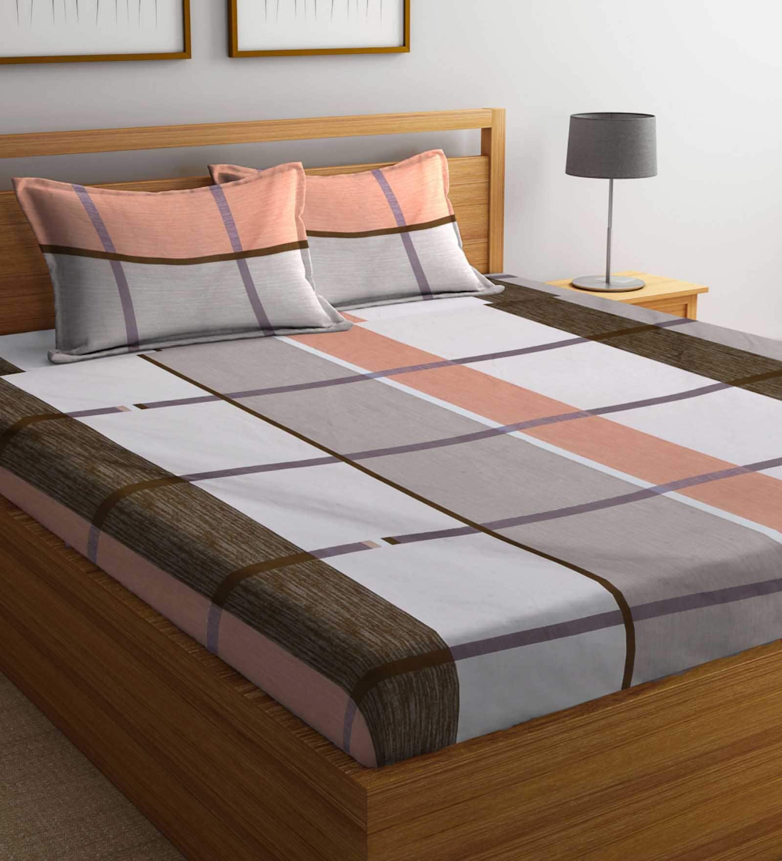 Buy Multicolor Checkered 300 TC Cotton Blend Queen Sized Bed Sheets ...