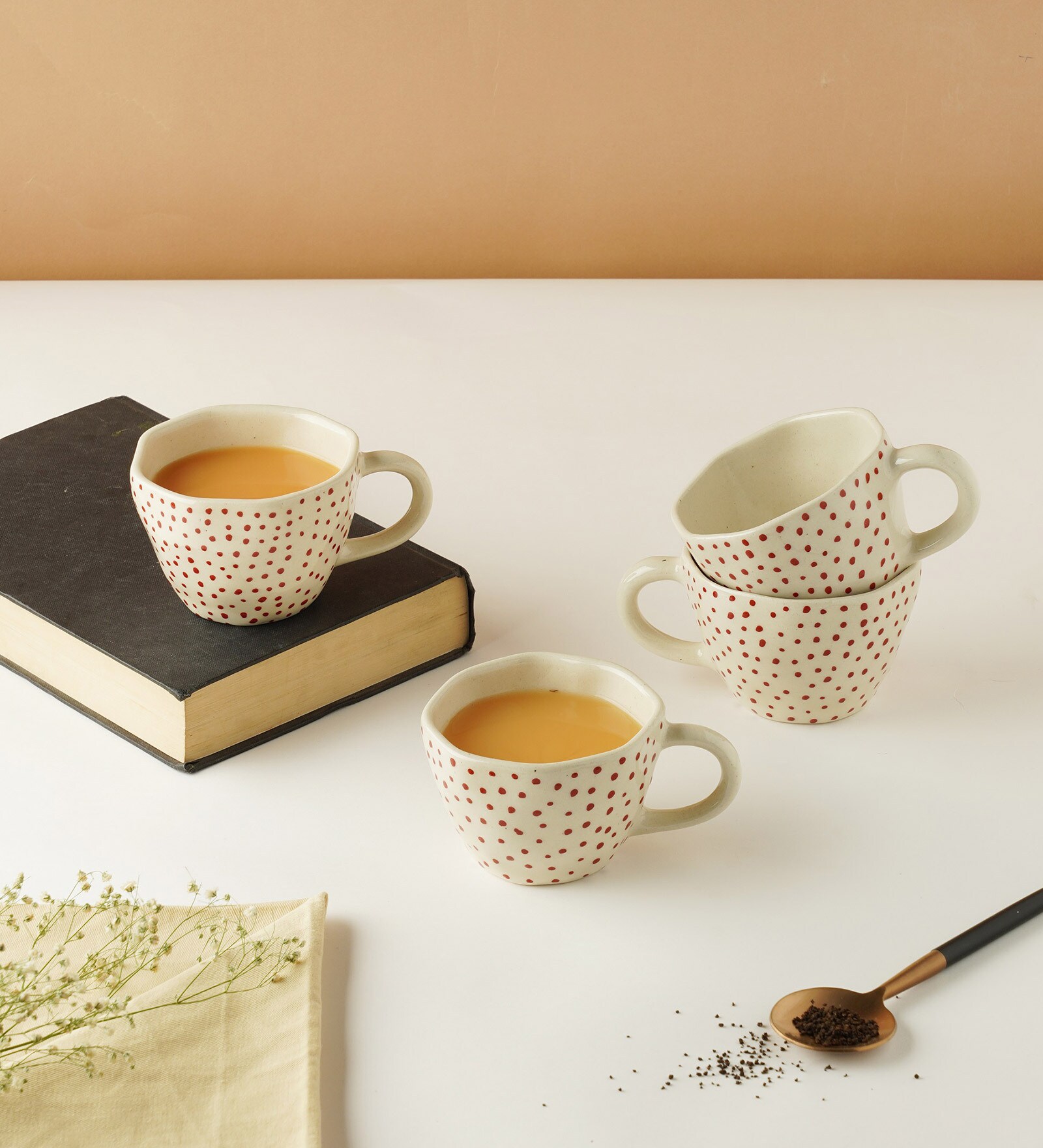 Buy Horizon 210ml White & Red Ceramic (Set of 4) Tea Cup at 53% OFF by ...