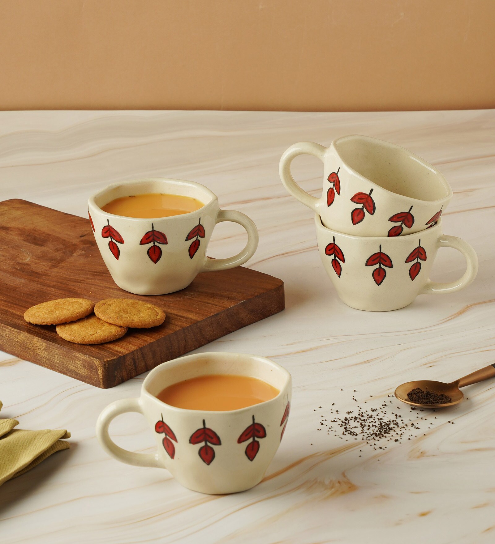 Buy Luminance 210ml White & Red Ceramic (Set of 4) Tea Cup at 53% OFF ...