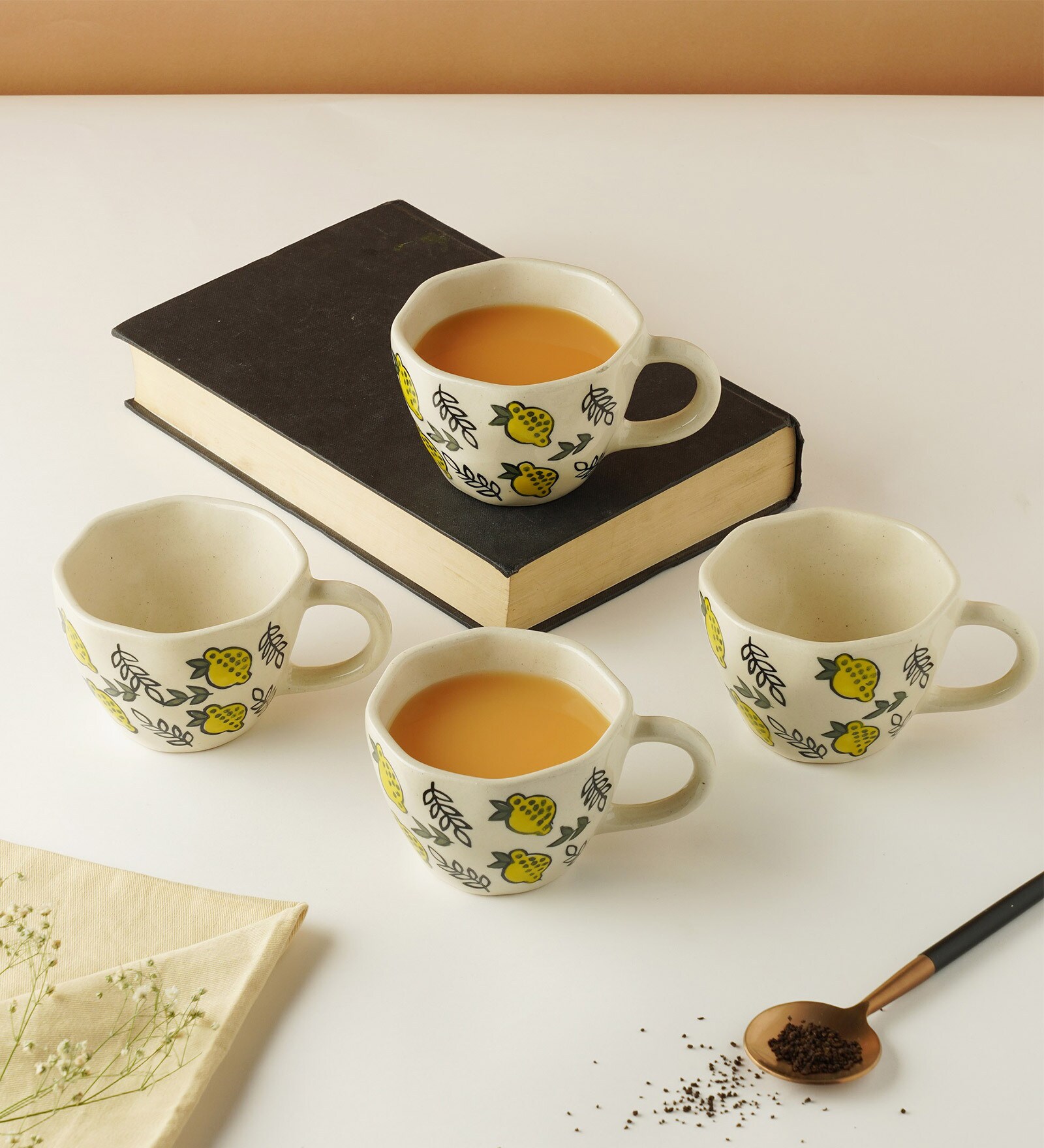 Buy Dusk 210ml White & Yellow Ceramic (Set of 4) Tea Cup at 47% OFF by ...