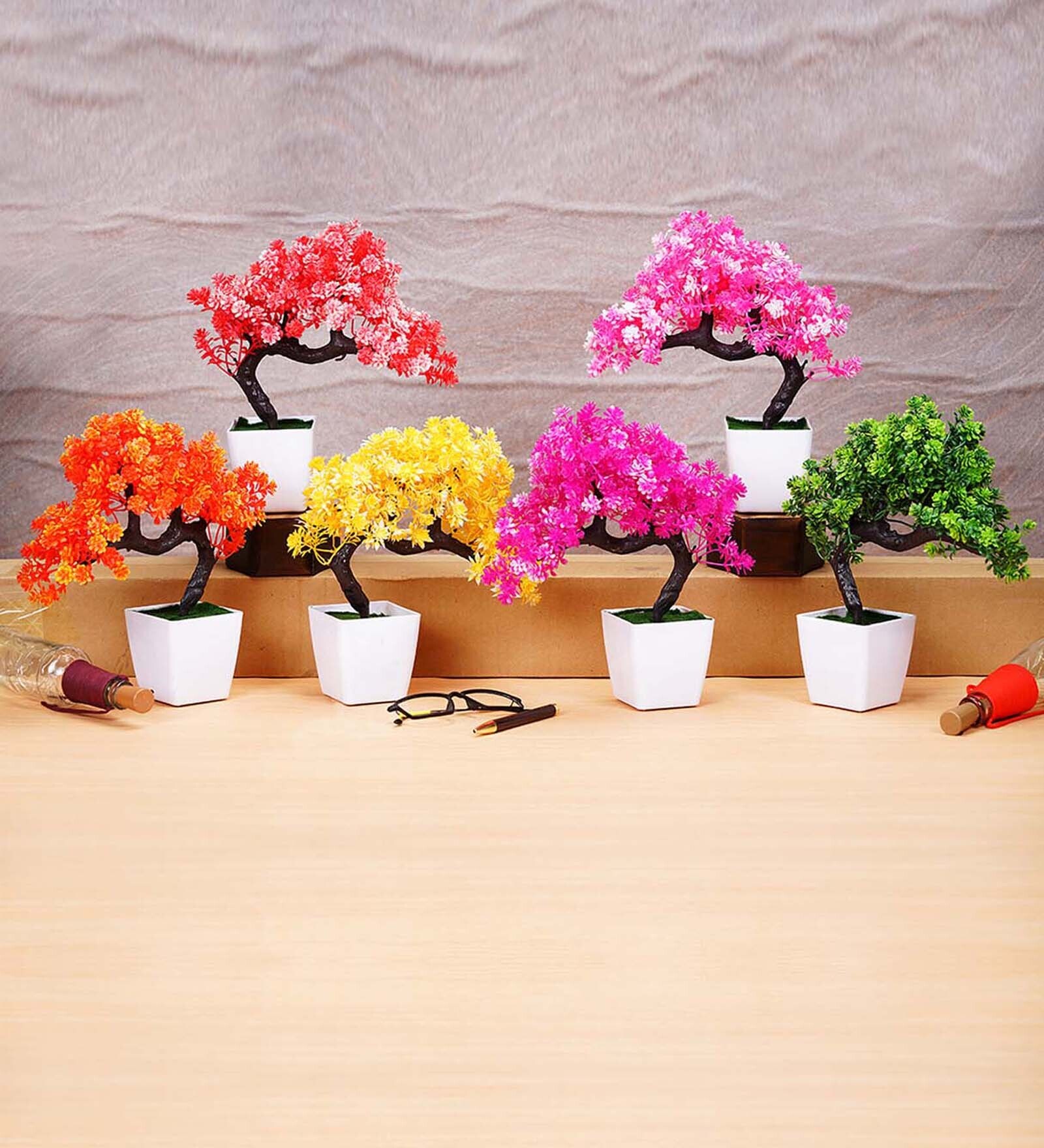 Buy Fabric & Plastic Beatrice Multicolor With Pot Set Of 6 Artificial ...