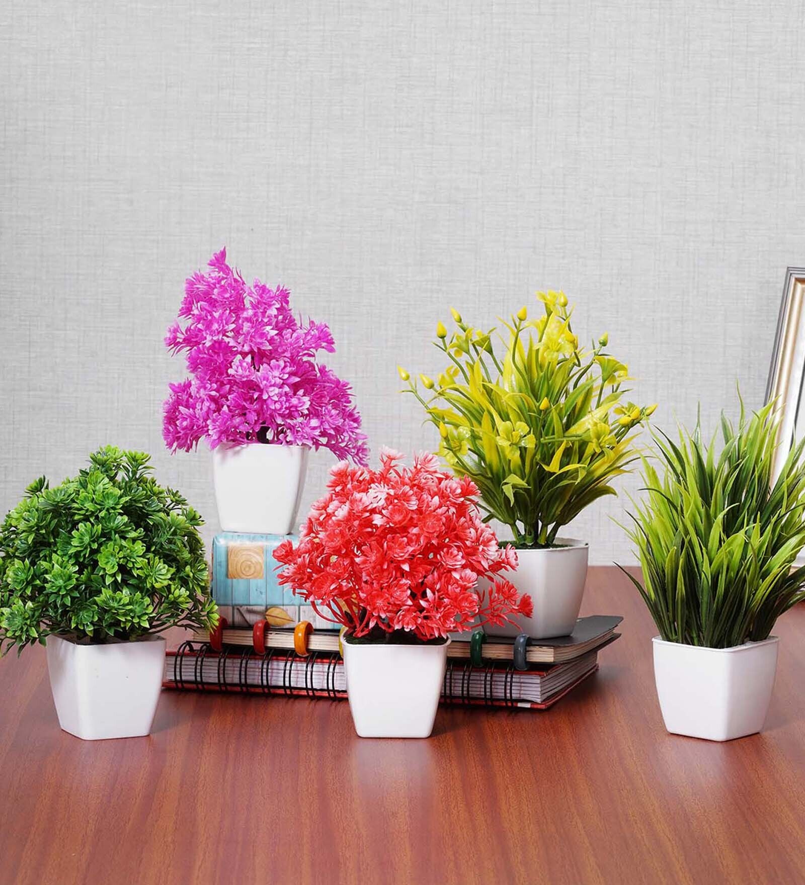 Buy Fabric & Plastic Multicolor With Pot Set Of 5 Artificial Plants at ...
