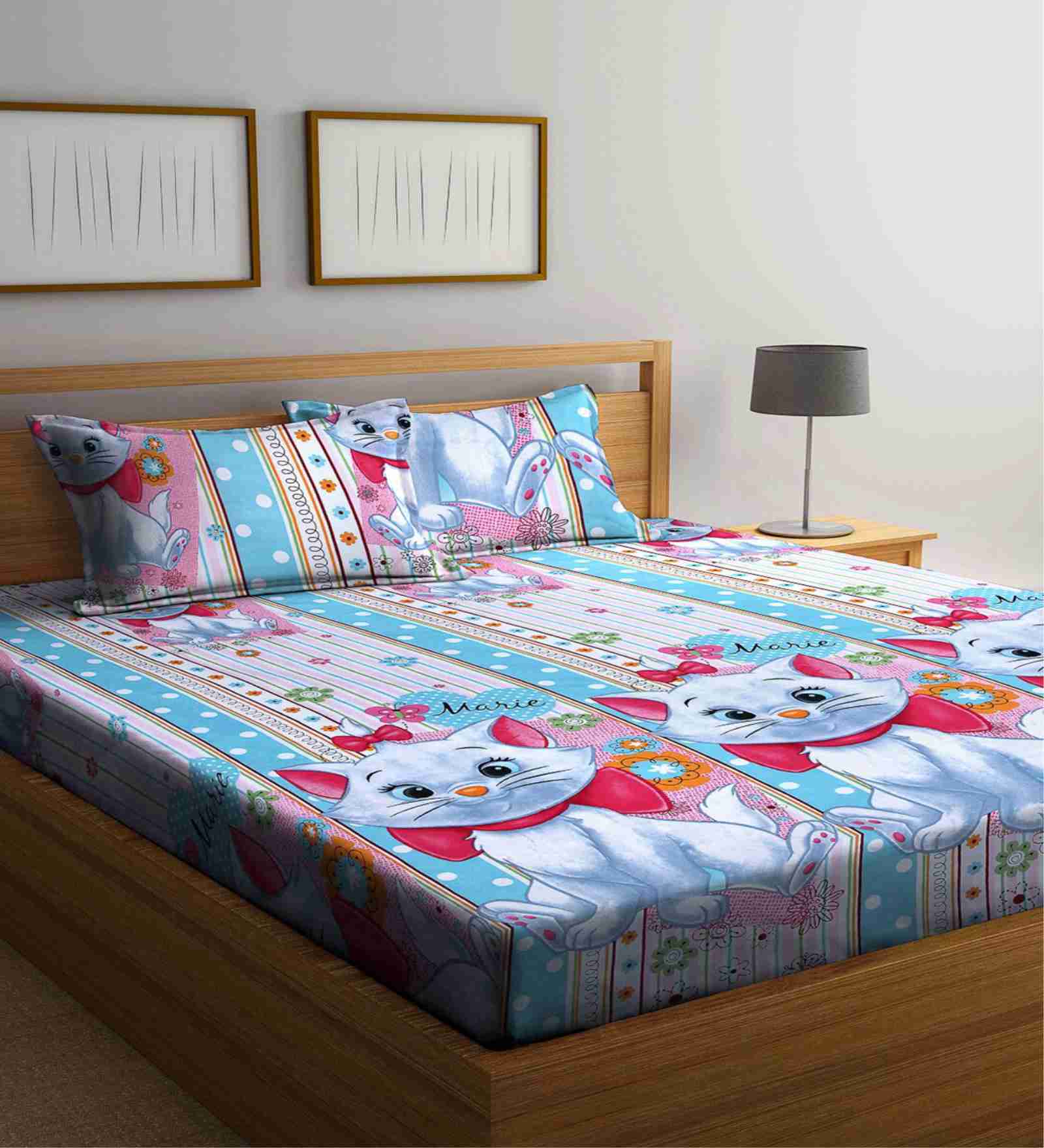 Buy Multicolor Cartoon 300 TC Cotton Blend Double Size Bedsheet With 2 ...