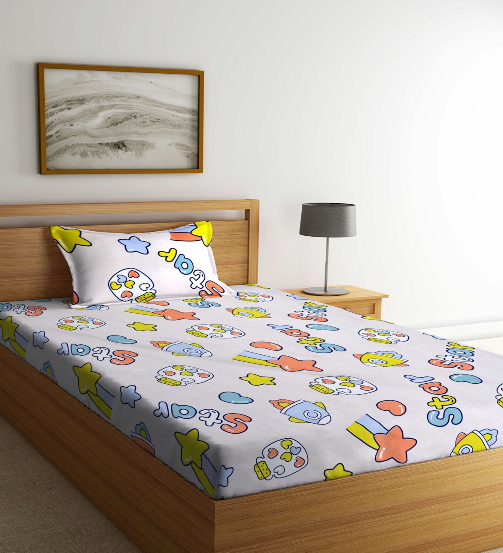 Buy Multicolor Cartoon Characters 300 TC Cotton Fitted Single Bedsheet ...