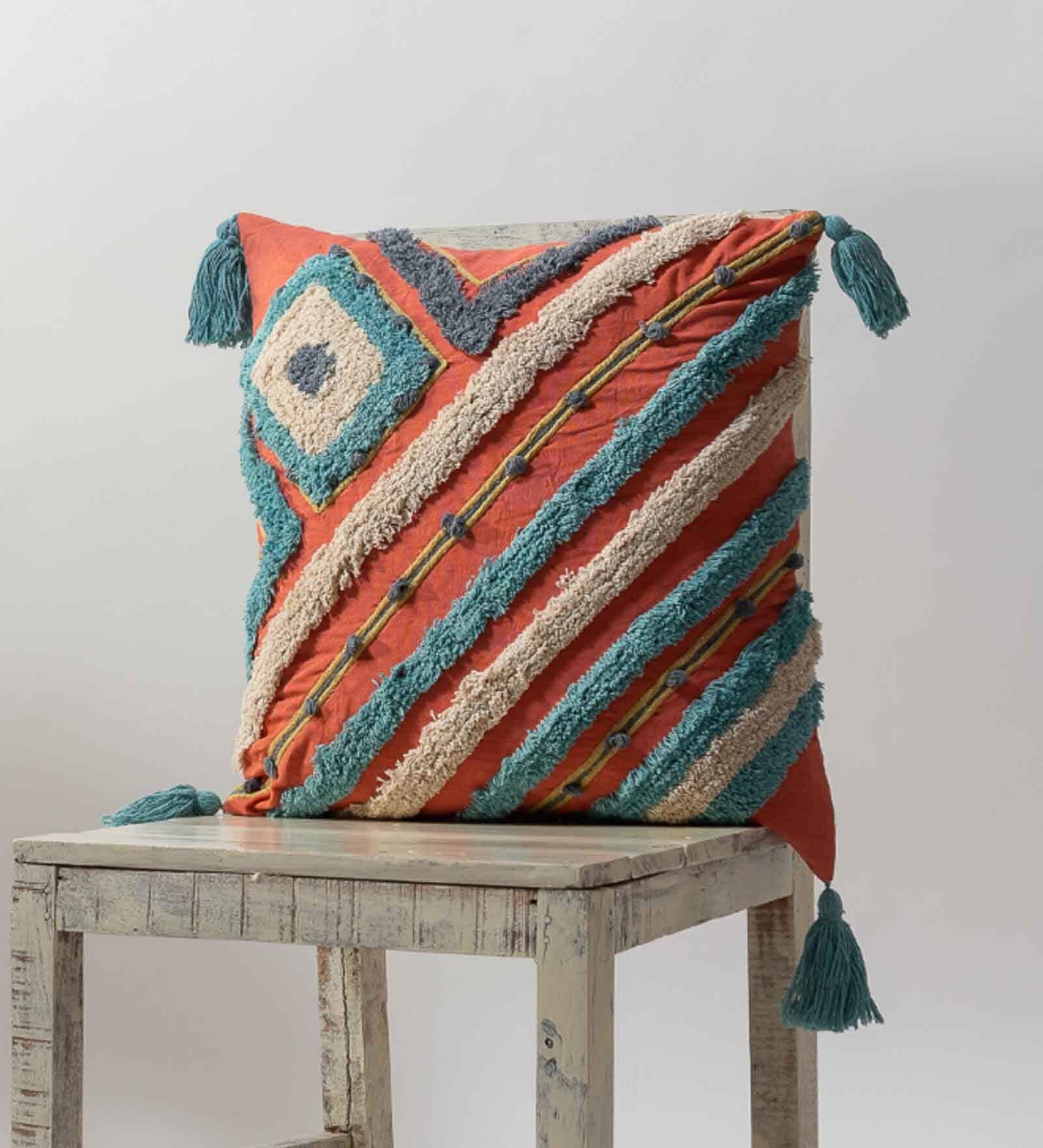 Buy Multicolor Woven Striped Cotton 20 x 20 Inches Cushion Cover by ...