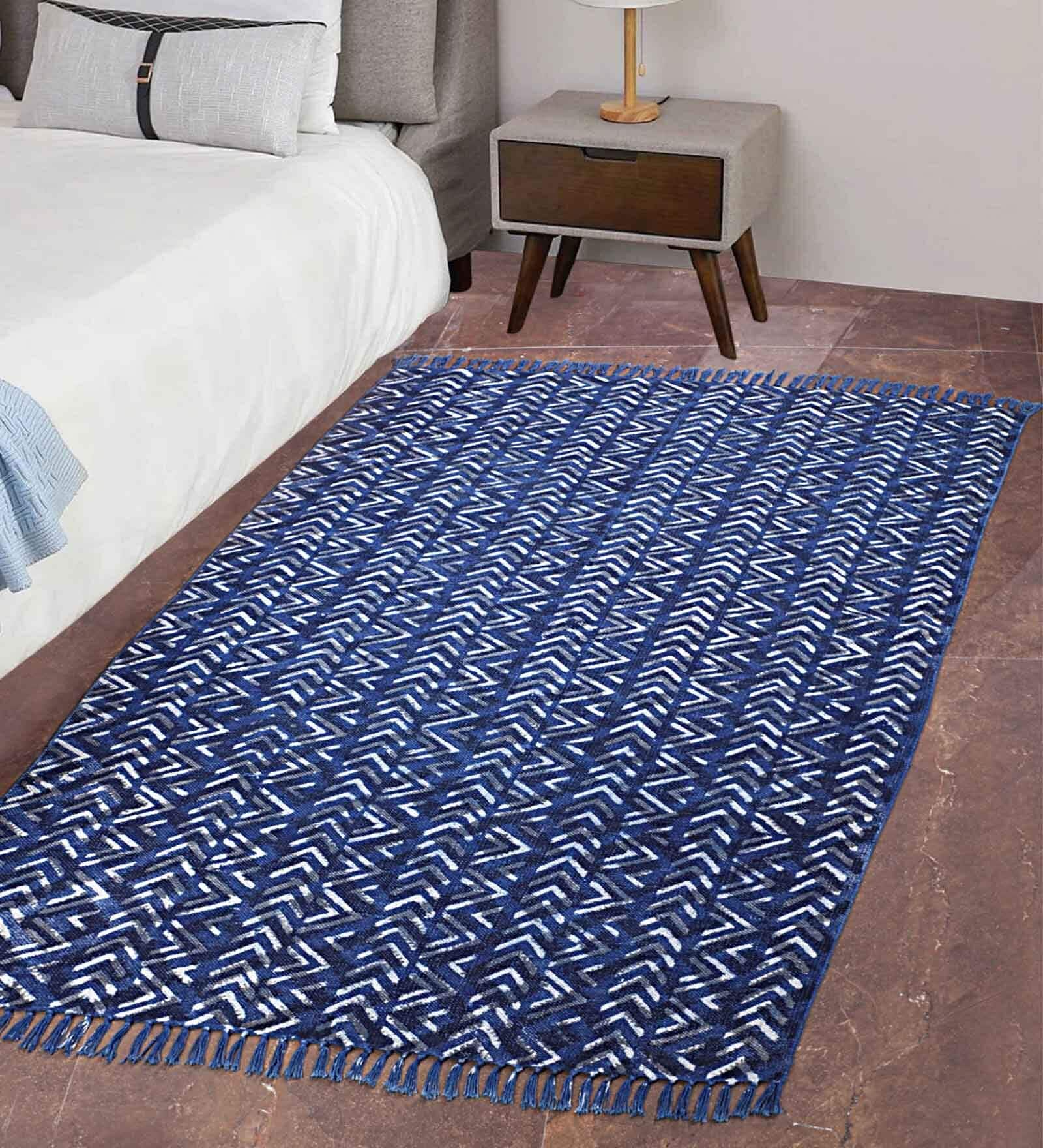 Buy Blue Cotton 4 ft X 6 ft Hand Woven Dhurrie by KAMAL DURRY UDYOG at ...