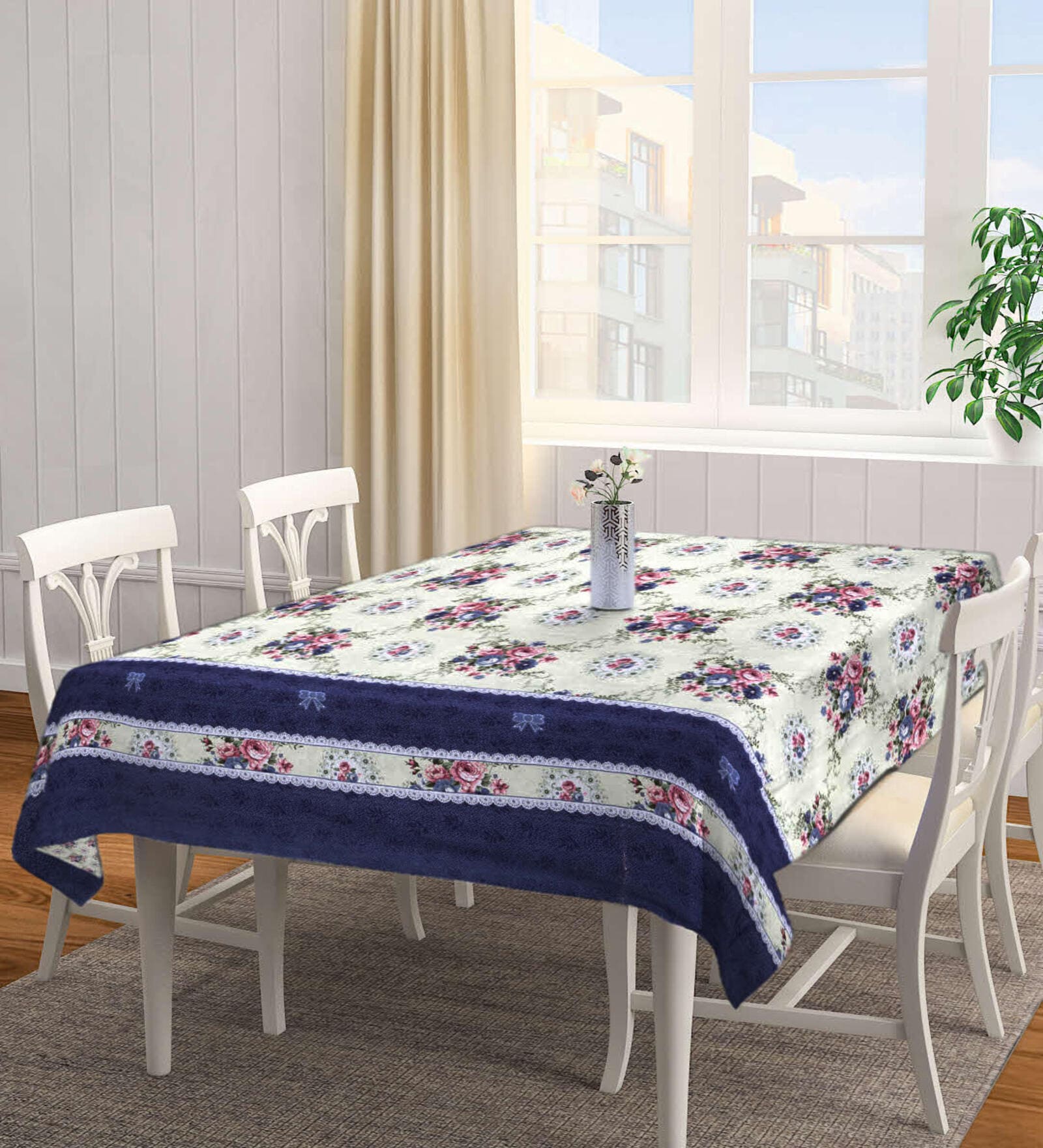 Buy Floral (90x60) White & Blue Cotton Blend Table Cloth at 70% OFF by ...