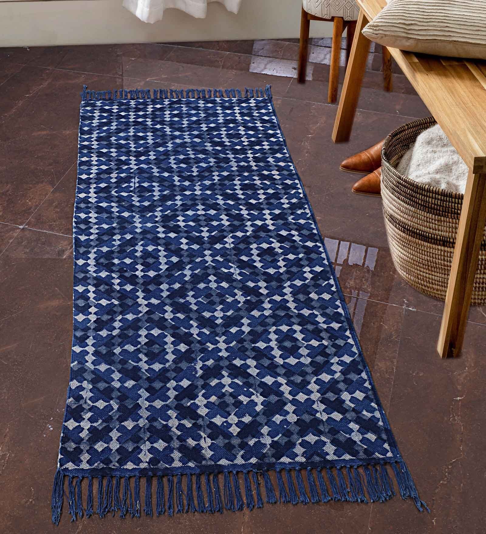 Buy Blue Cotton 2 ft x 6 ft Hand Woven Dhurrie by KAMAL DURRY UDYOG at ...