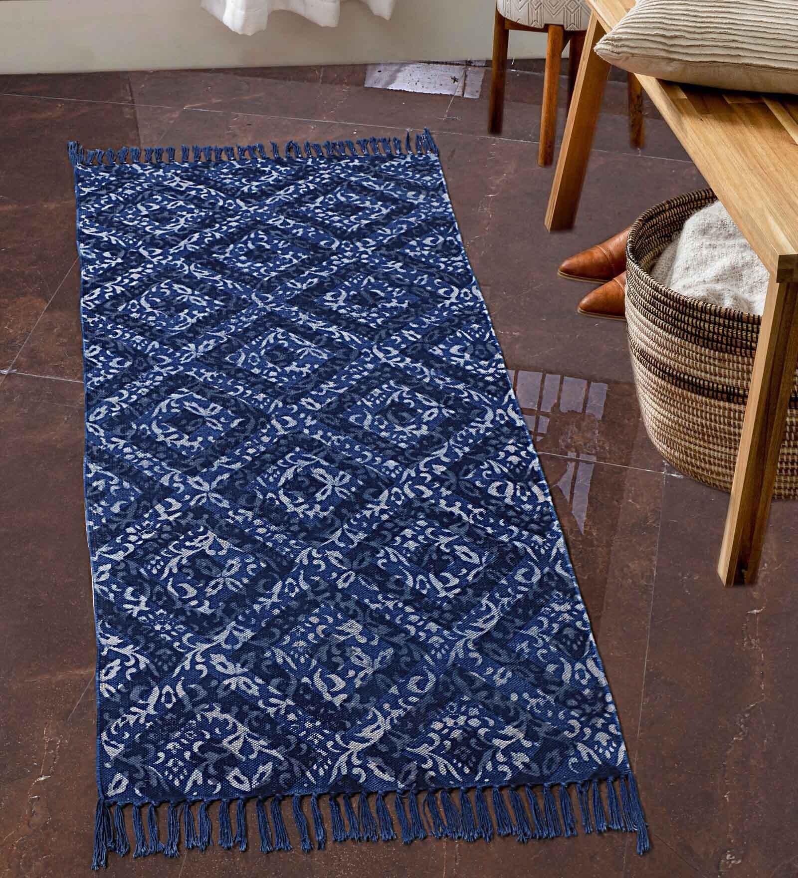 Buy Blue Cotton 2 ft x 6 ft Hand Woven Dhurrie by KAMAL DURRY UDYOG at ...