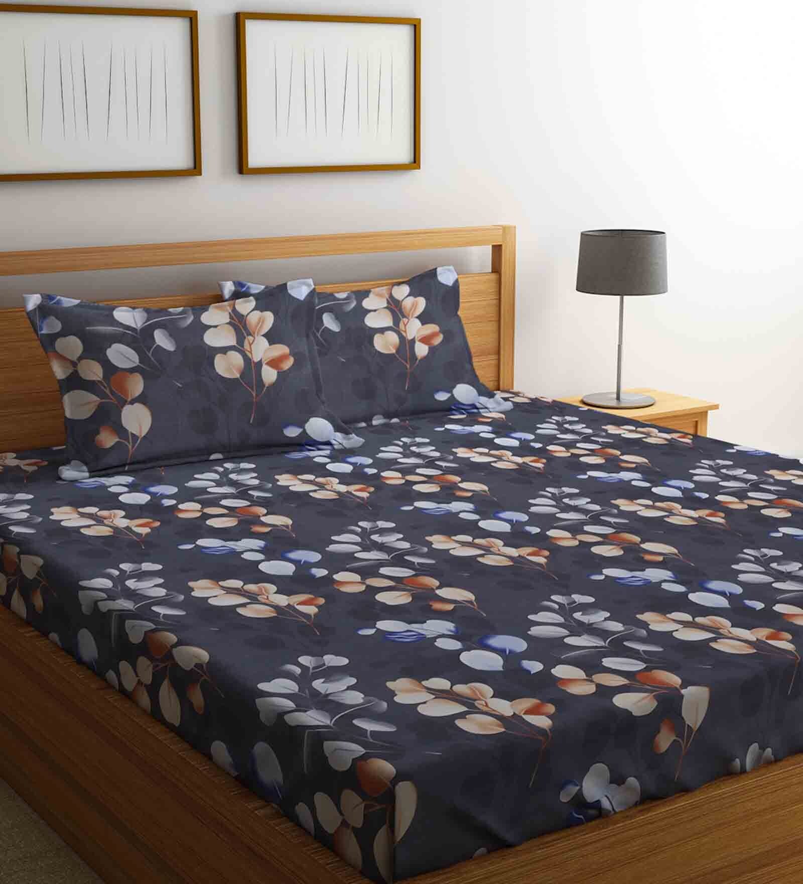 Buy Blue Floral 280 TC Cotton Blend Queen Sized Bed Sheet with 2 Pillow ...