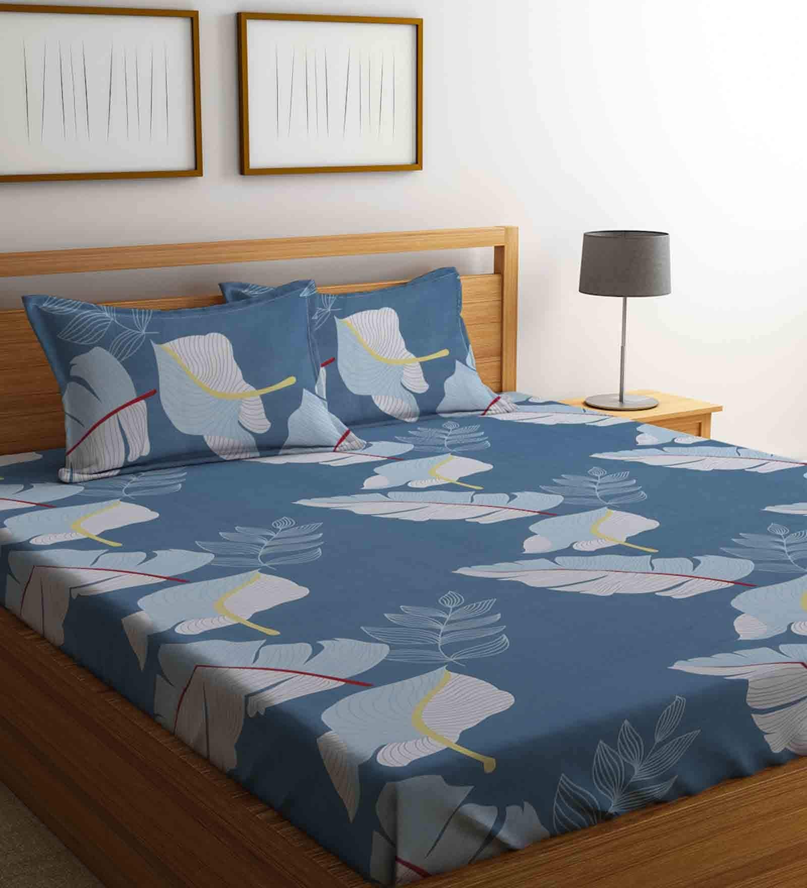 Buy Blue Floral 280 TC Cotton Blend Queen Sized Bed Sheets with 2 ...