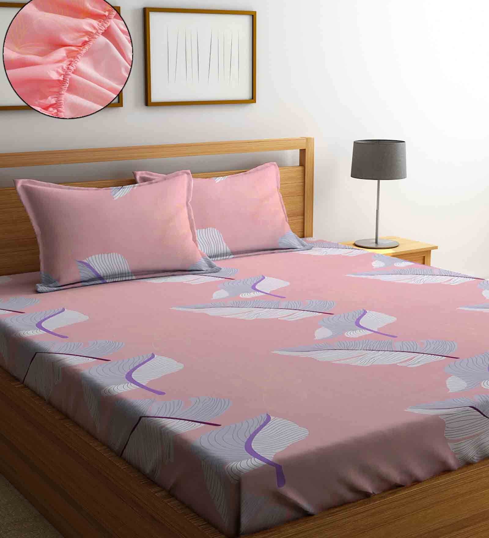 Buy Pink Floral 280 TC Cotton Blend Queen Sized Fitted Bed Sheets with 2 Pillow Covers by Hosta ...